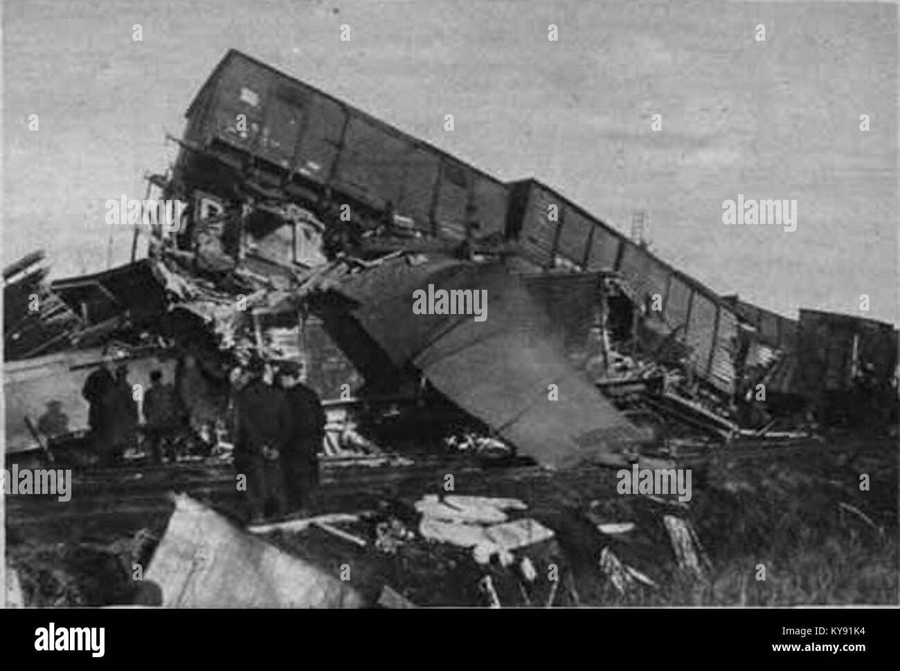 A historical photograph showing the aftermath of a train accident in ...