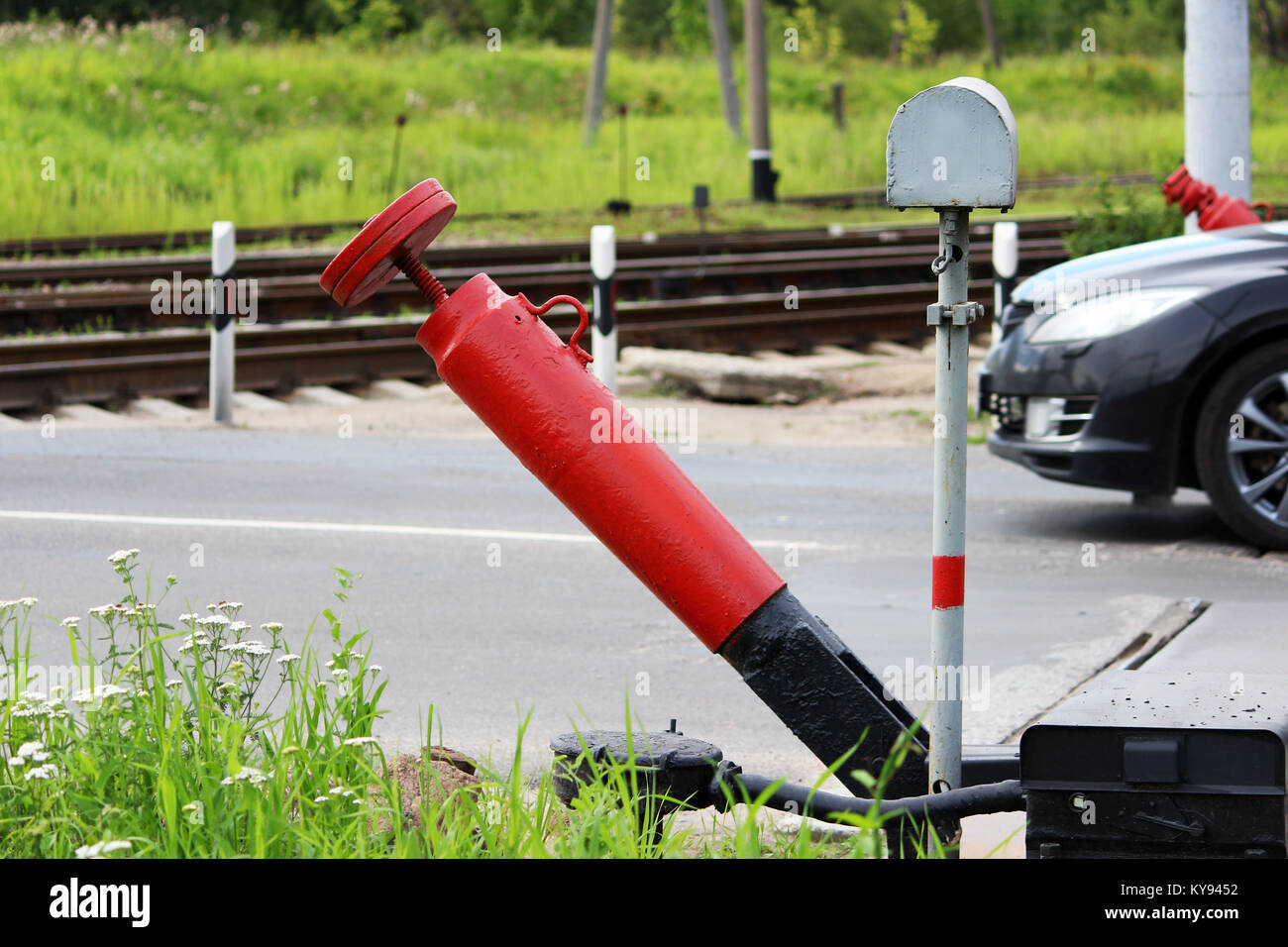 Railway crossing, anti-RAM devices. Red crossing fence device that ...