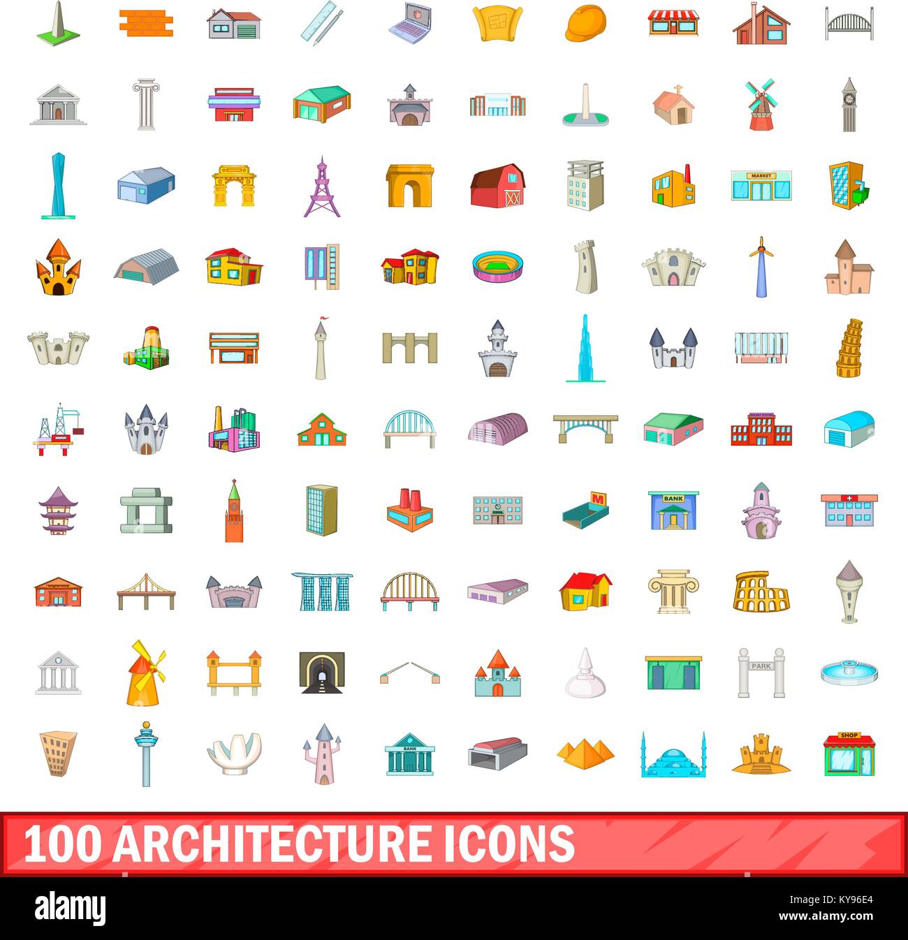 100 architecture icons set in cartoon style for any design vector ...