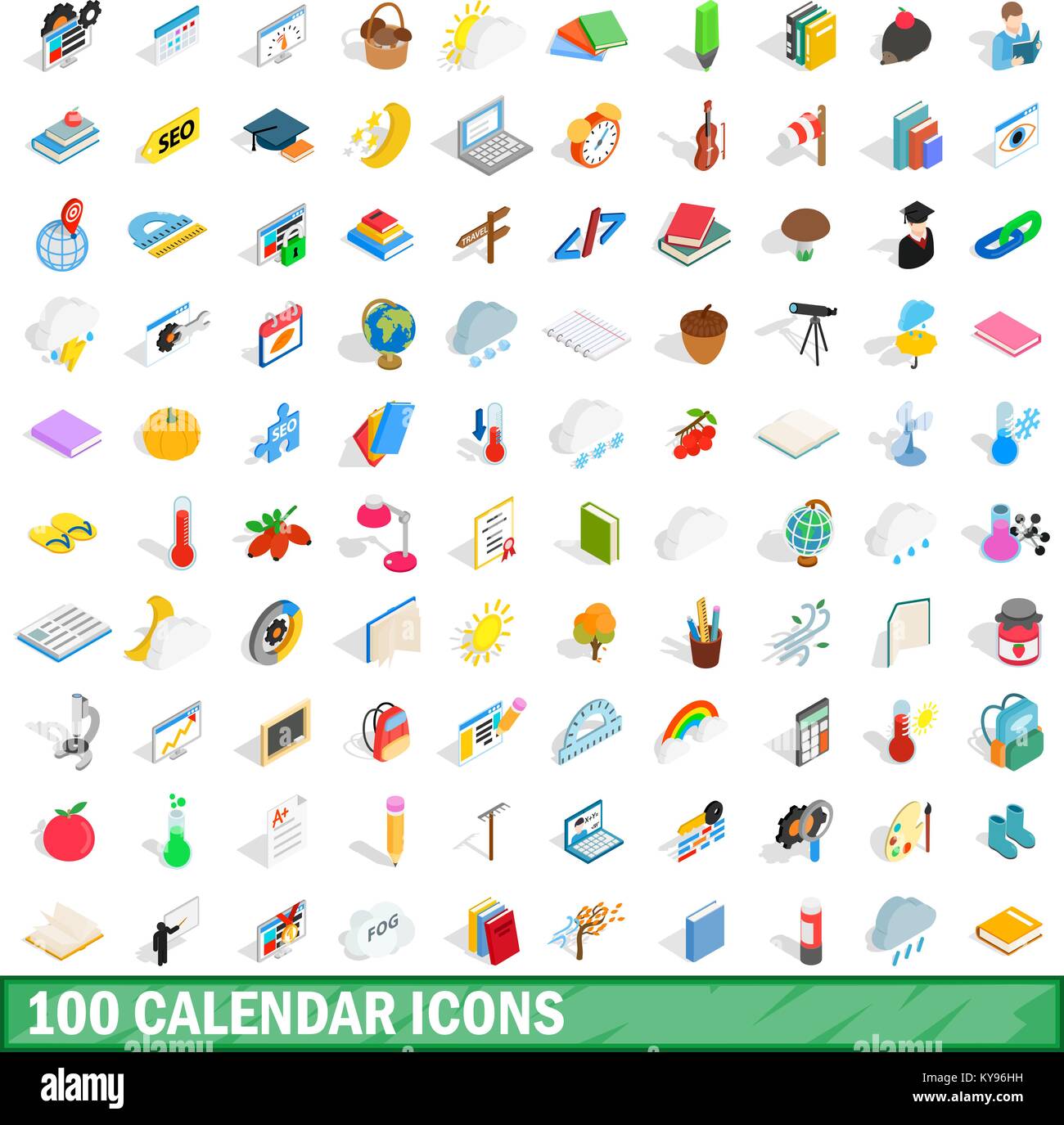 100 calendar icons set in isometric 3d style for any design vector ...