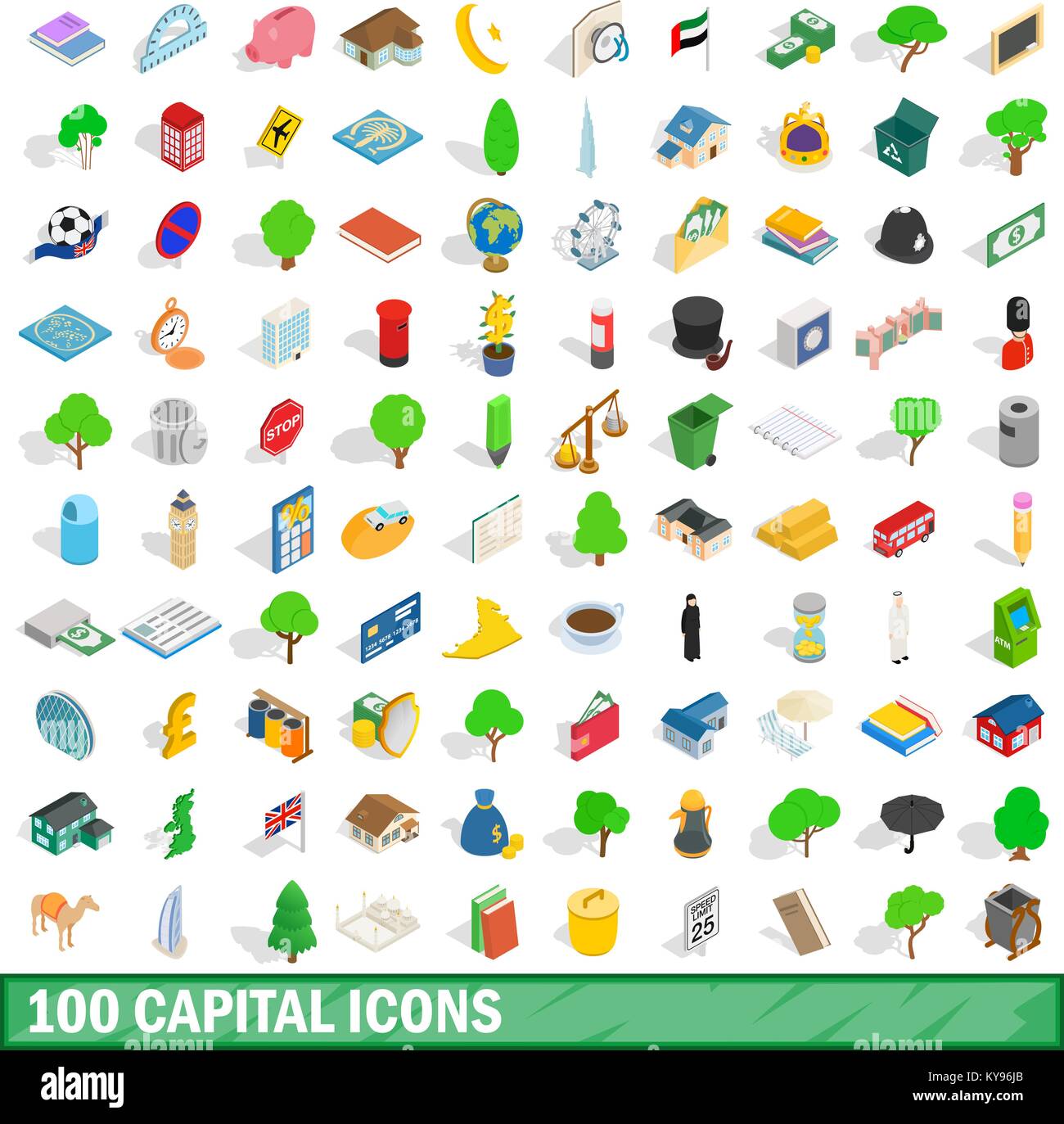 100 capital icons set in isometric 3d style for any design vector ...