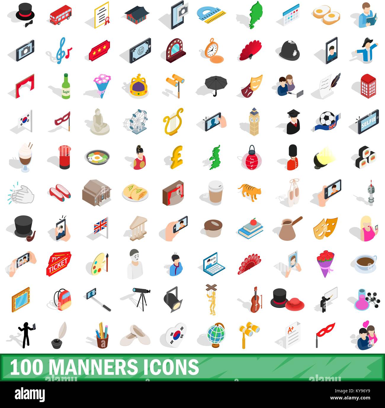 100 manners icons set in isometric 3d style for any design vector ...