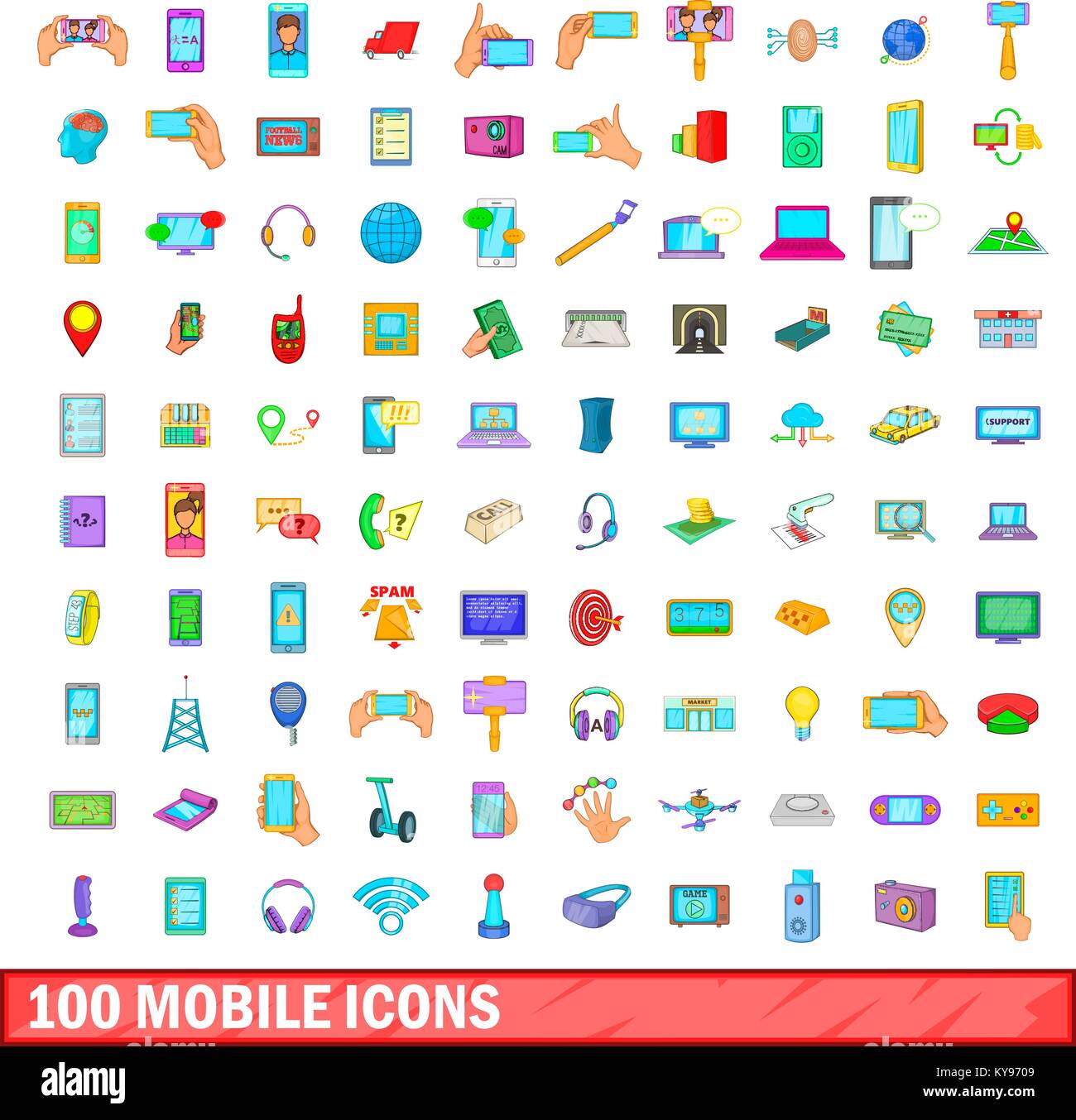 100 mobile icons set in cartoon style for any design vector ...