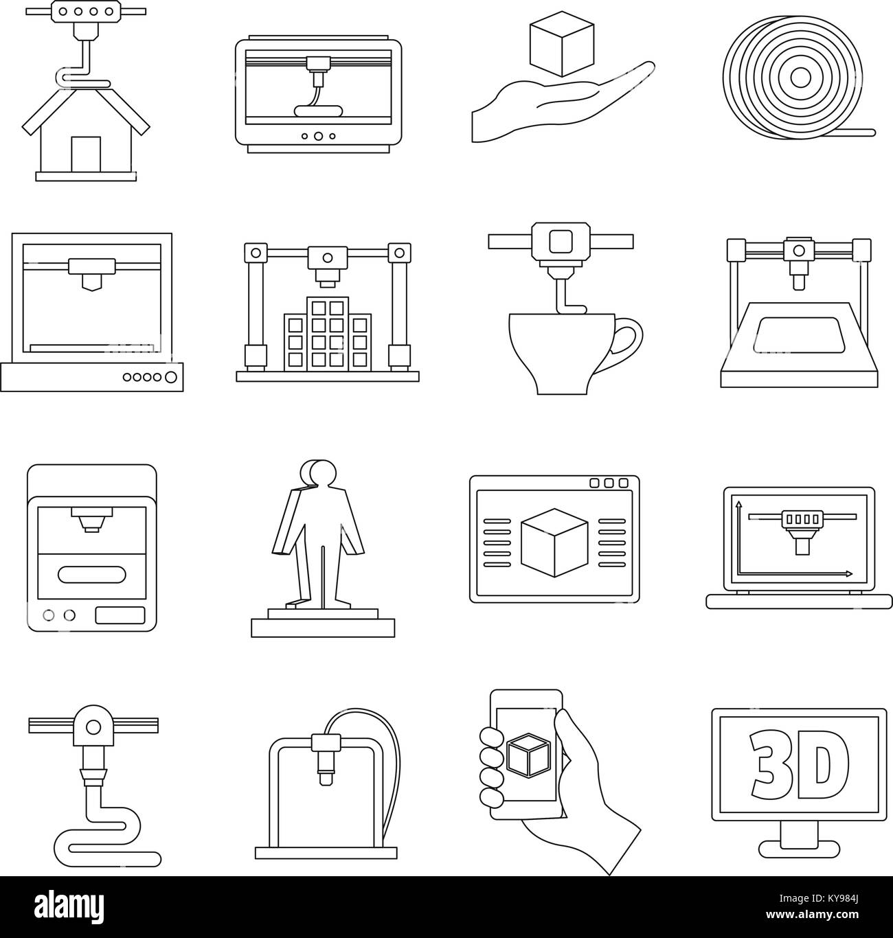 3D Printing icons set. Outline illustration of 16 3d Printing vector ...