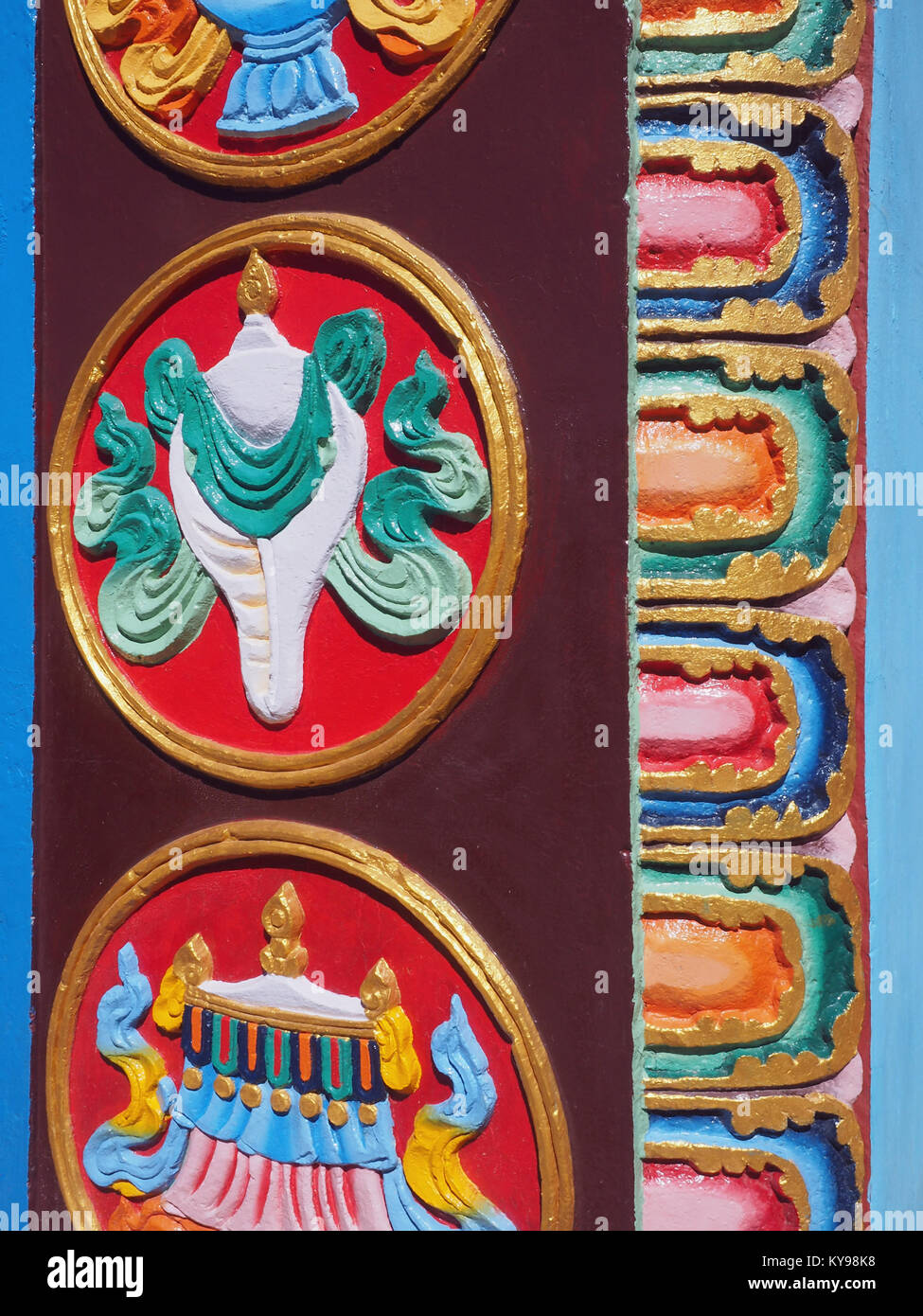 Buddhist religious symbols, white shell in a circle, decoration with ...