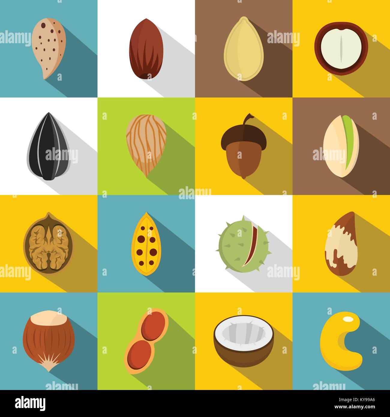 Nuts icons set. Flat illustration of 16 nuts vector icons for web Stock ...