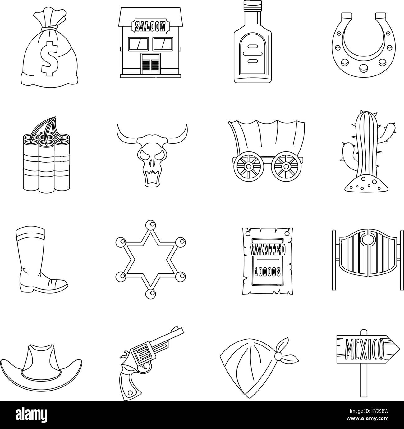 Wild west set design logo. Outline illustration of 16 wild west logo ...