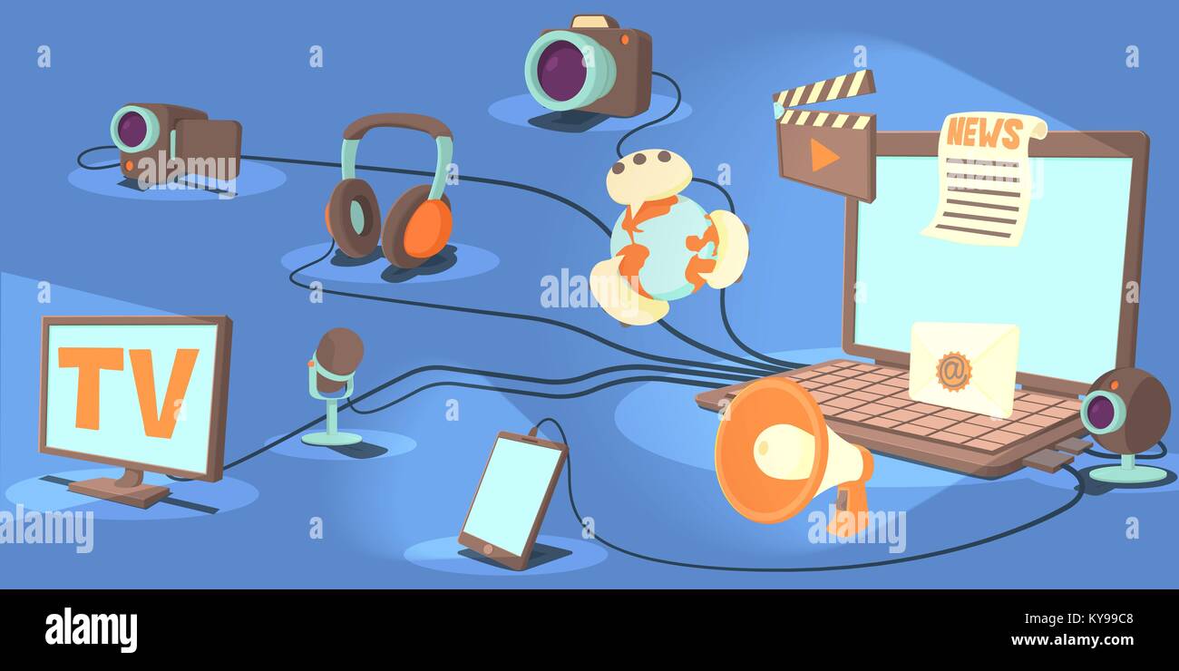 Media horizontal banner concept channels. Cartoon illustration of media ...