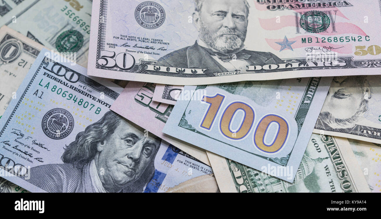 close up of USA banknotes, 100 us dollar note, 50 us dollar notes, 20 ...