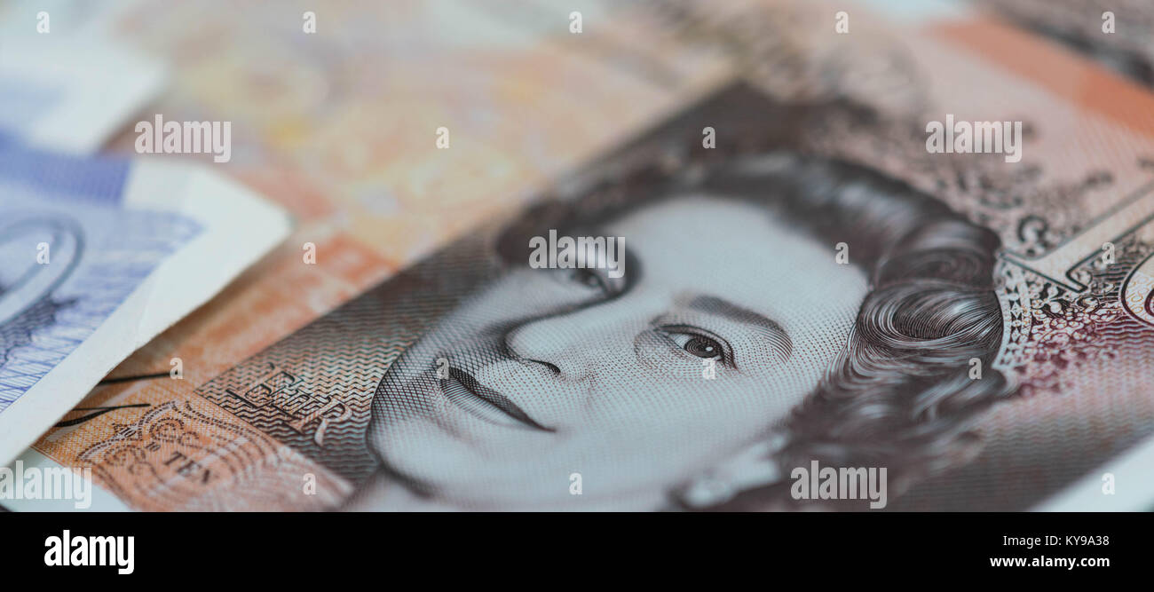 British bancknotes close up, including 5 pounds note, 10 pounds notes ...