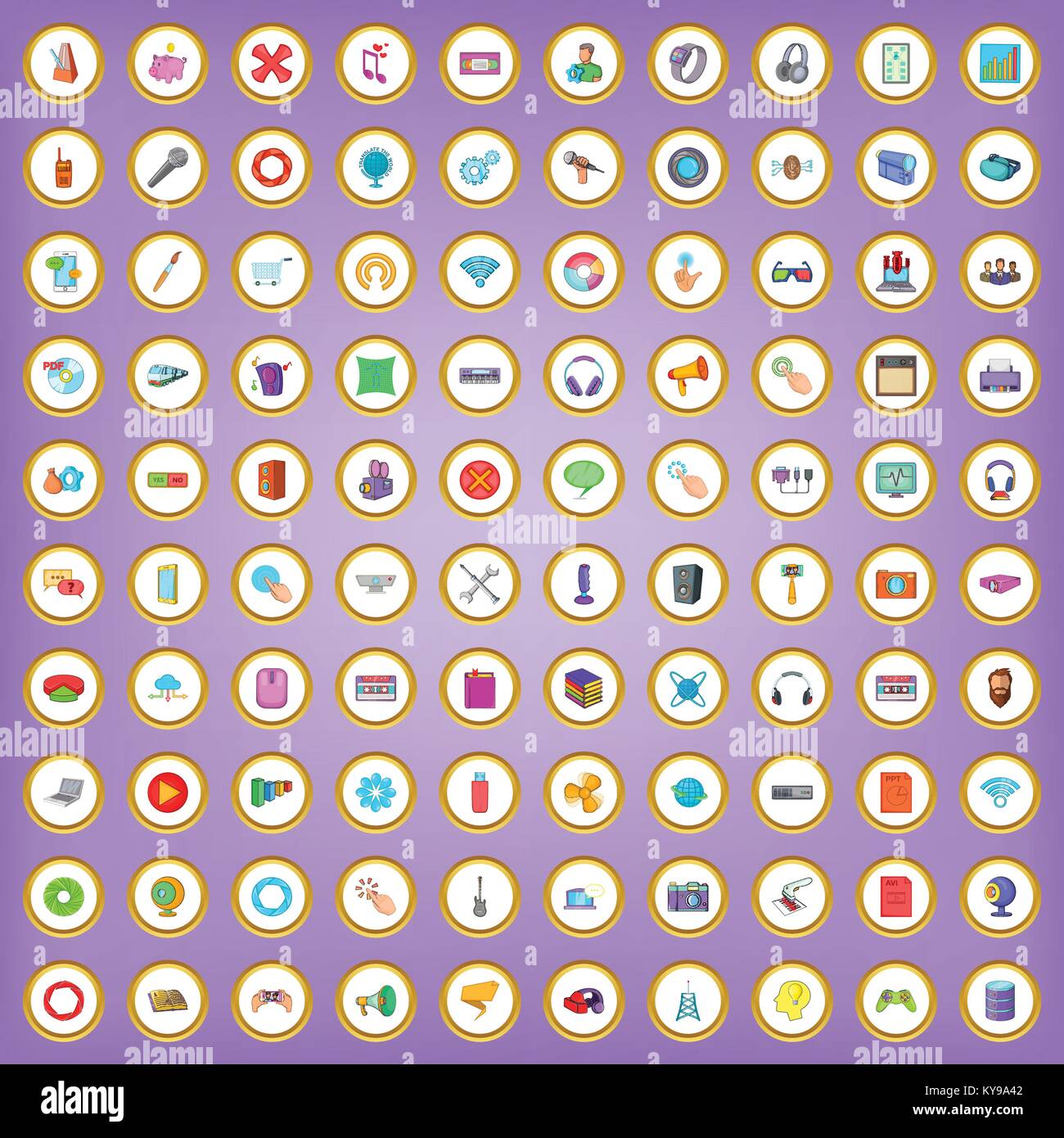 100 applications icons set in cartoon style on purple background vector ...