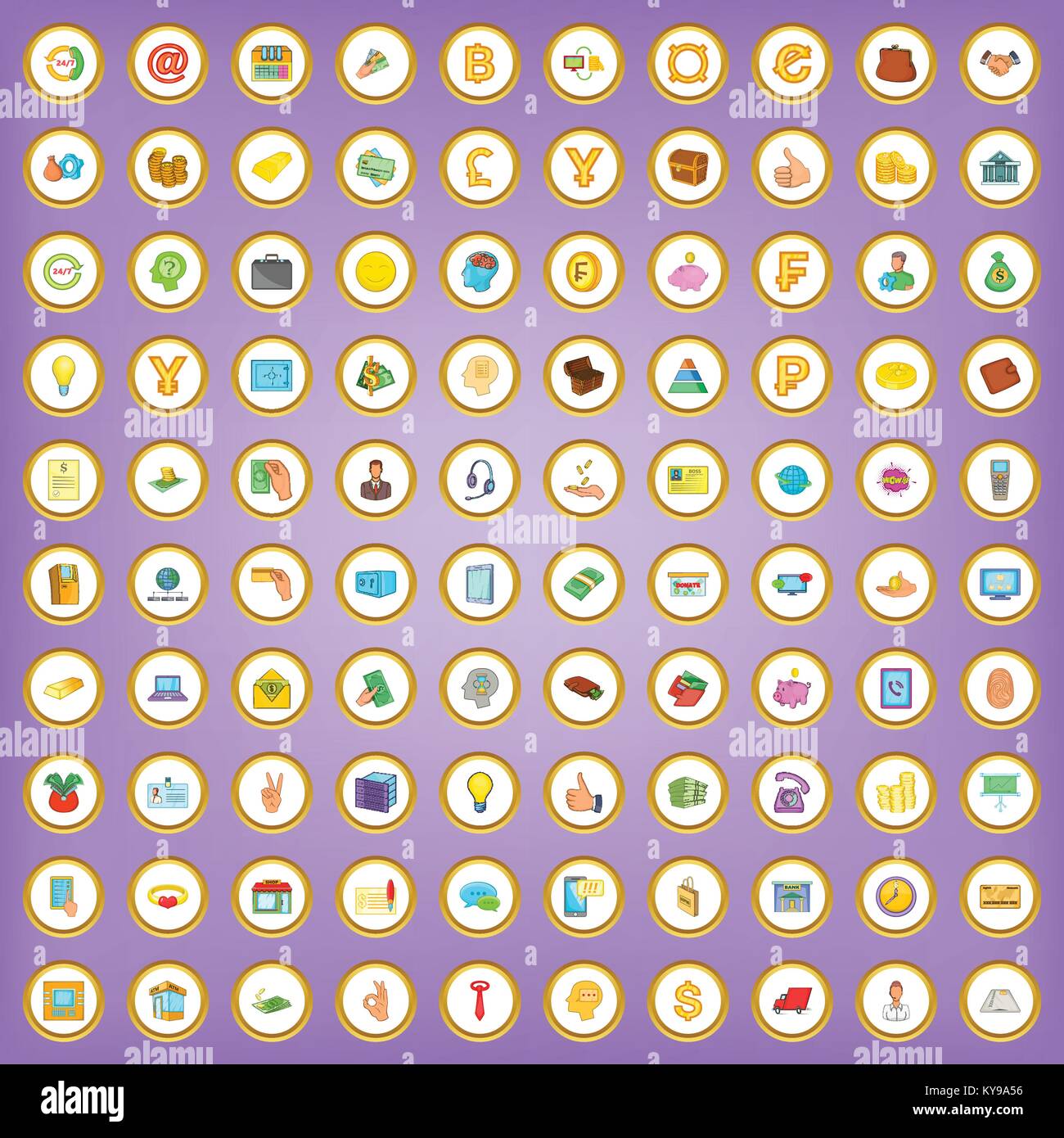 100 bank icons set in cartoon style on purple background vector ...