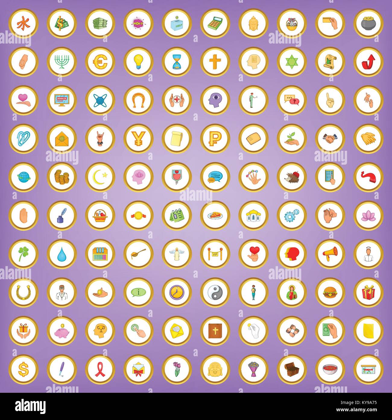 100 charity icons set in cartoon style on purple background vector ...