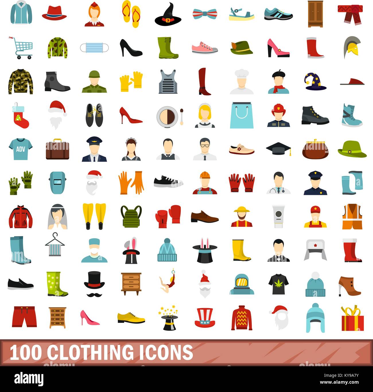 100 clothing icons set in flat style for any design vector illustration ...