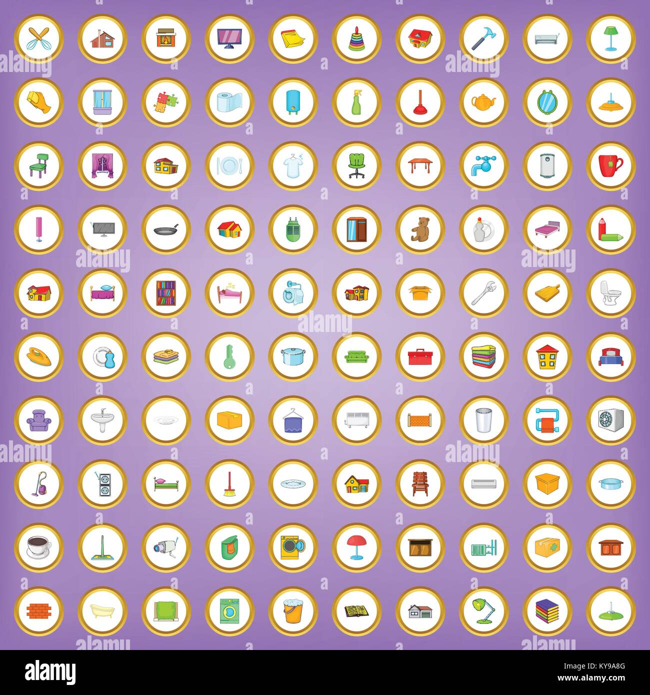 100 cozy house icons set in cartoon style on purple background vector ...
