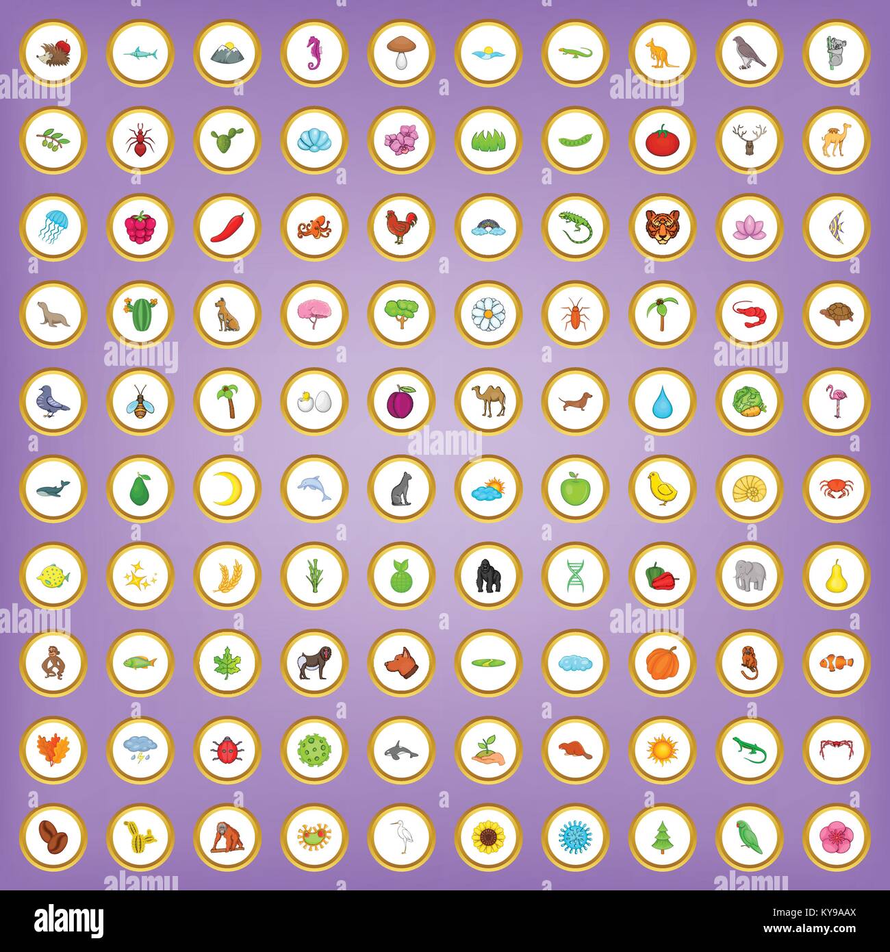 100 environment icons set in cartoon style on purple background vector ...