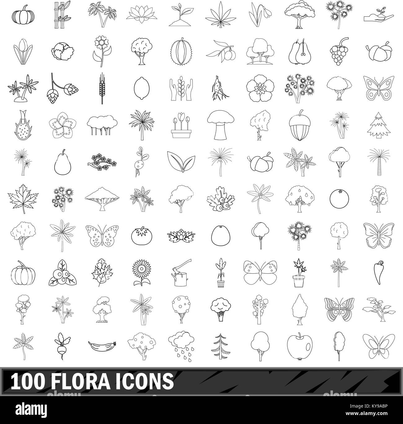 100 flora icons set in outline style for any design vector illustration ...