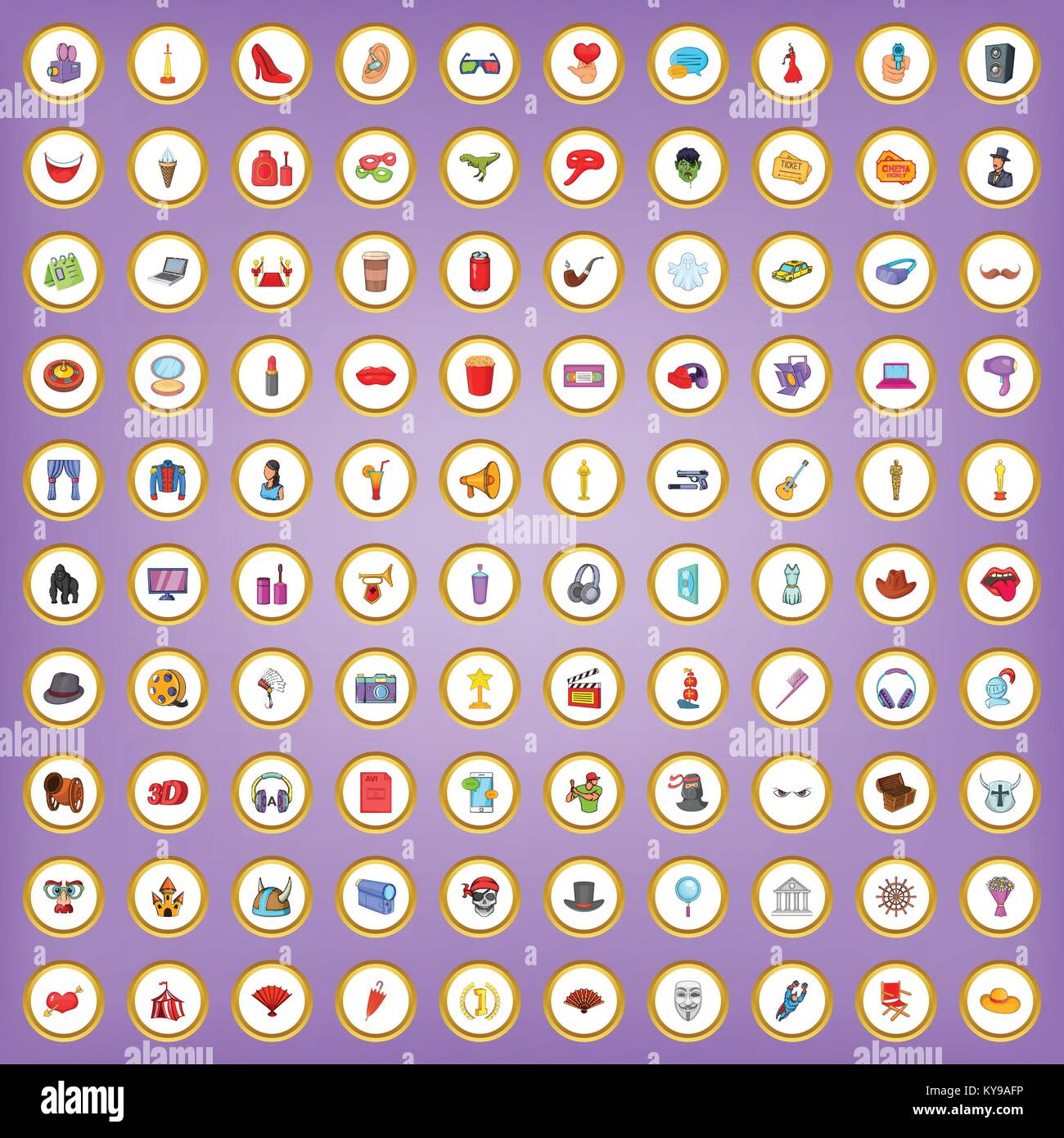100 movie icons set in cartoon style on purple background vector ...