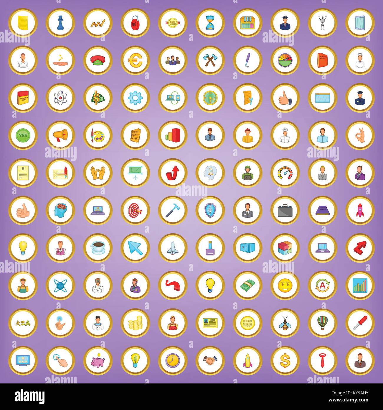 100 productive work icons set in cartoon style on purple background ...