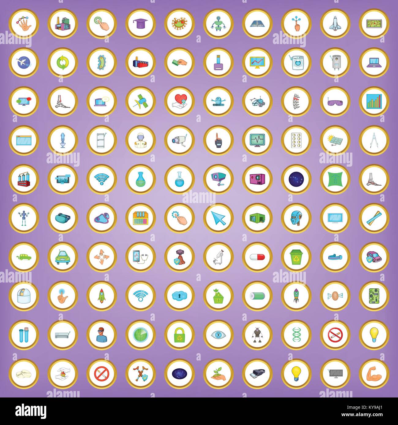 100 progress icons set in cartoon style on purple background vector ...