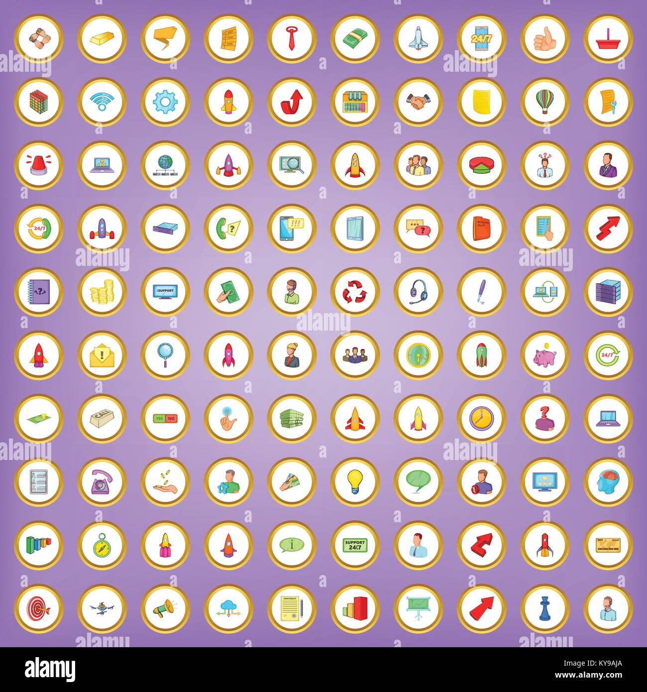 100 project start icons set in cartoon style on purple background ...