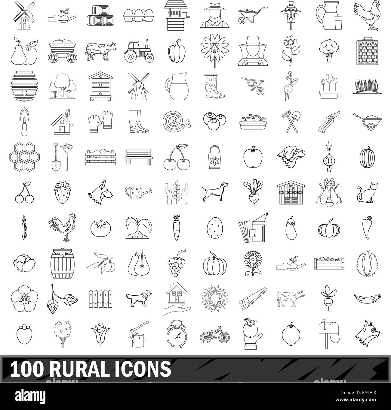 100 rural icons set in outline style for any design vector illustration ...