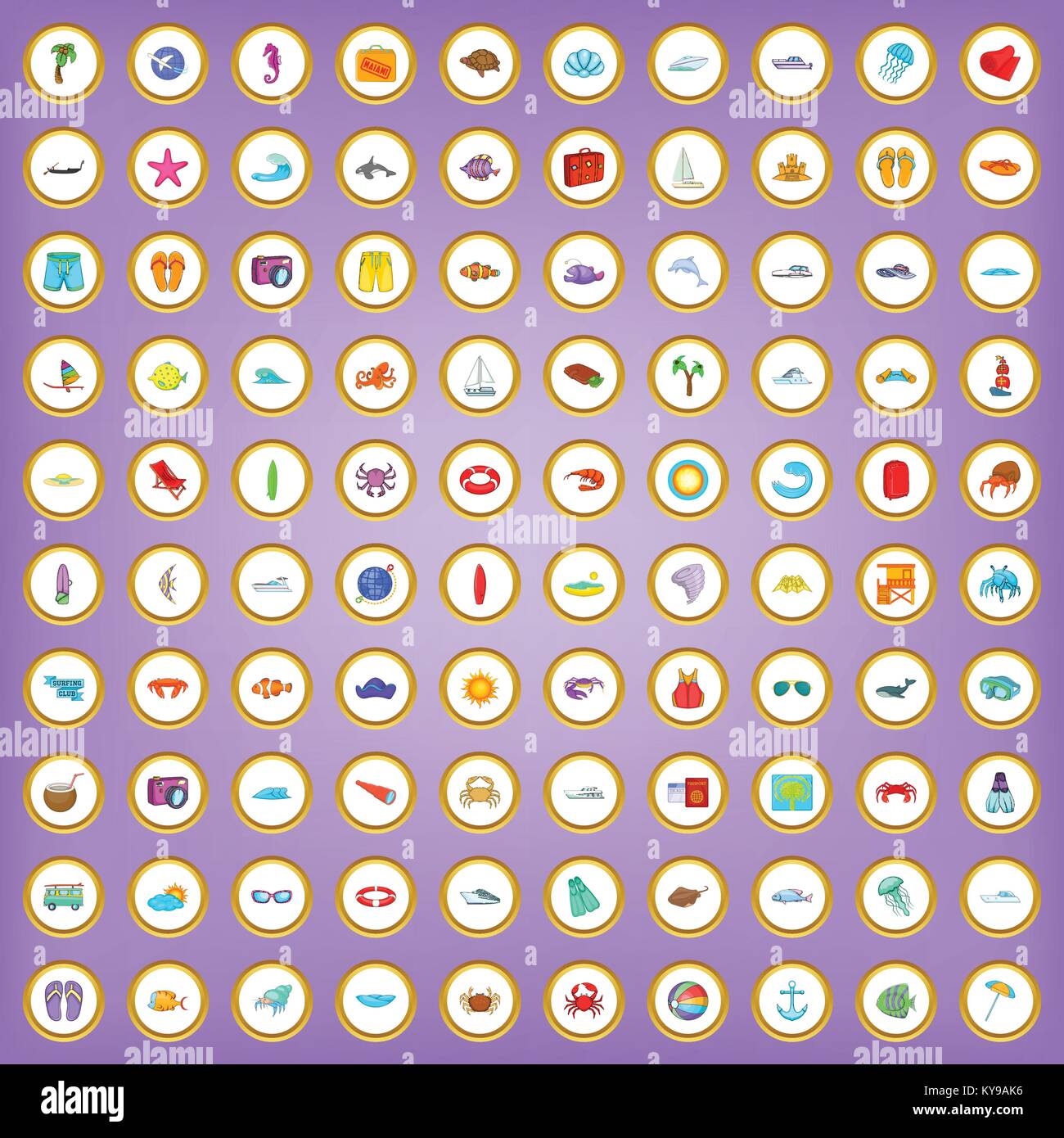 100 sea adventures icons set in cartoon style on purple background ...