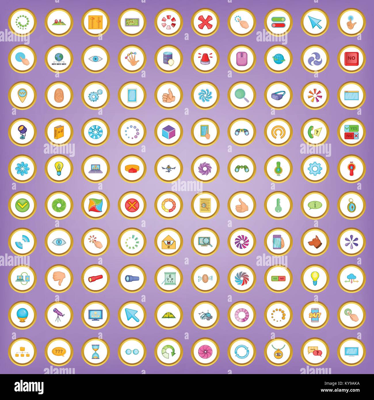 100 searching icons set in cartoon style on purple background vector ...