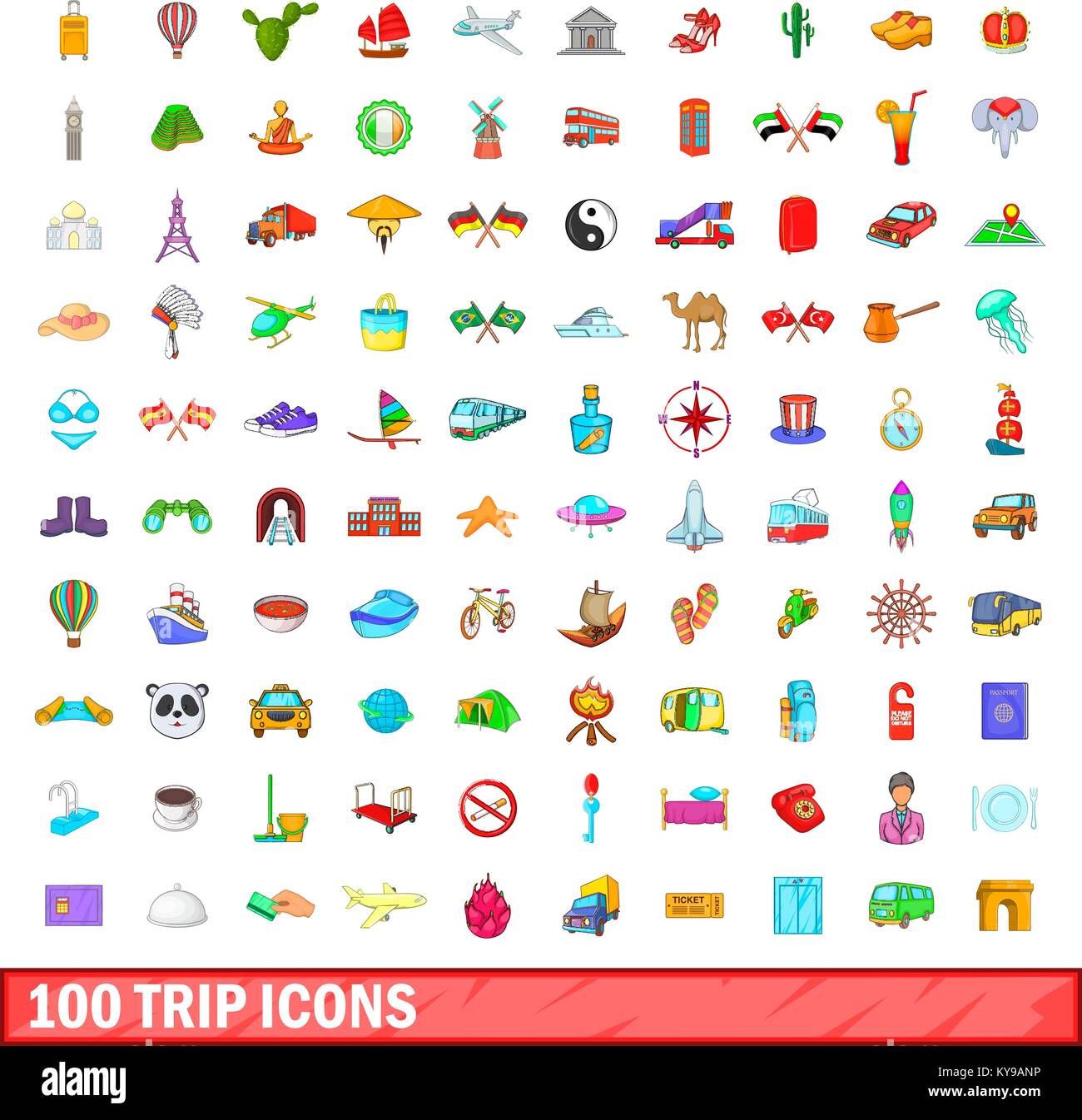 100 trip icons set in cartoon style for any design vector illustration ...