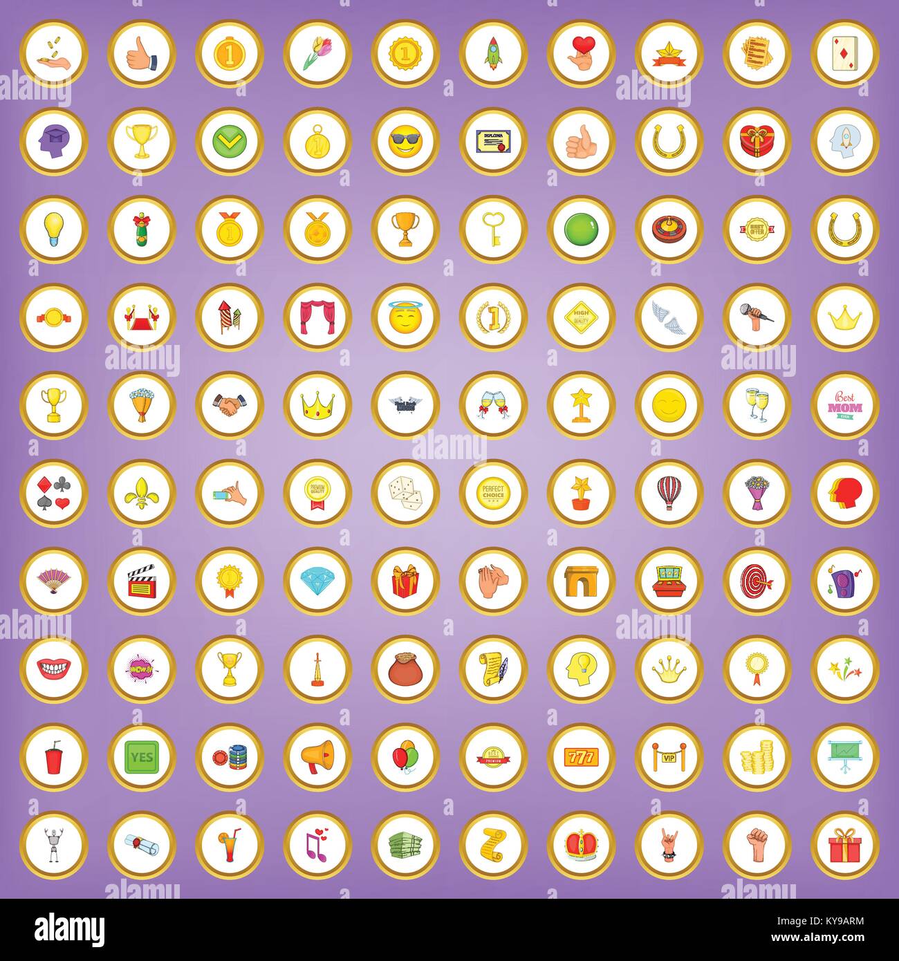 100 winning icons set in cartoon style on purple background vector ...