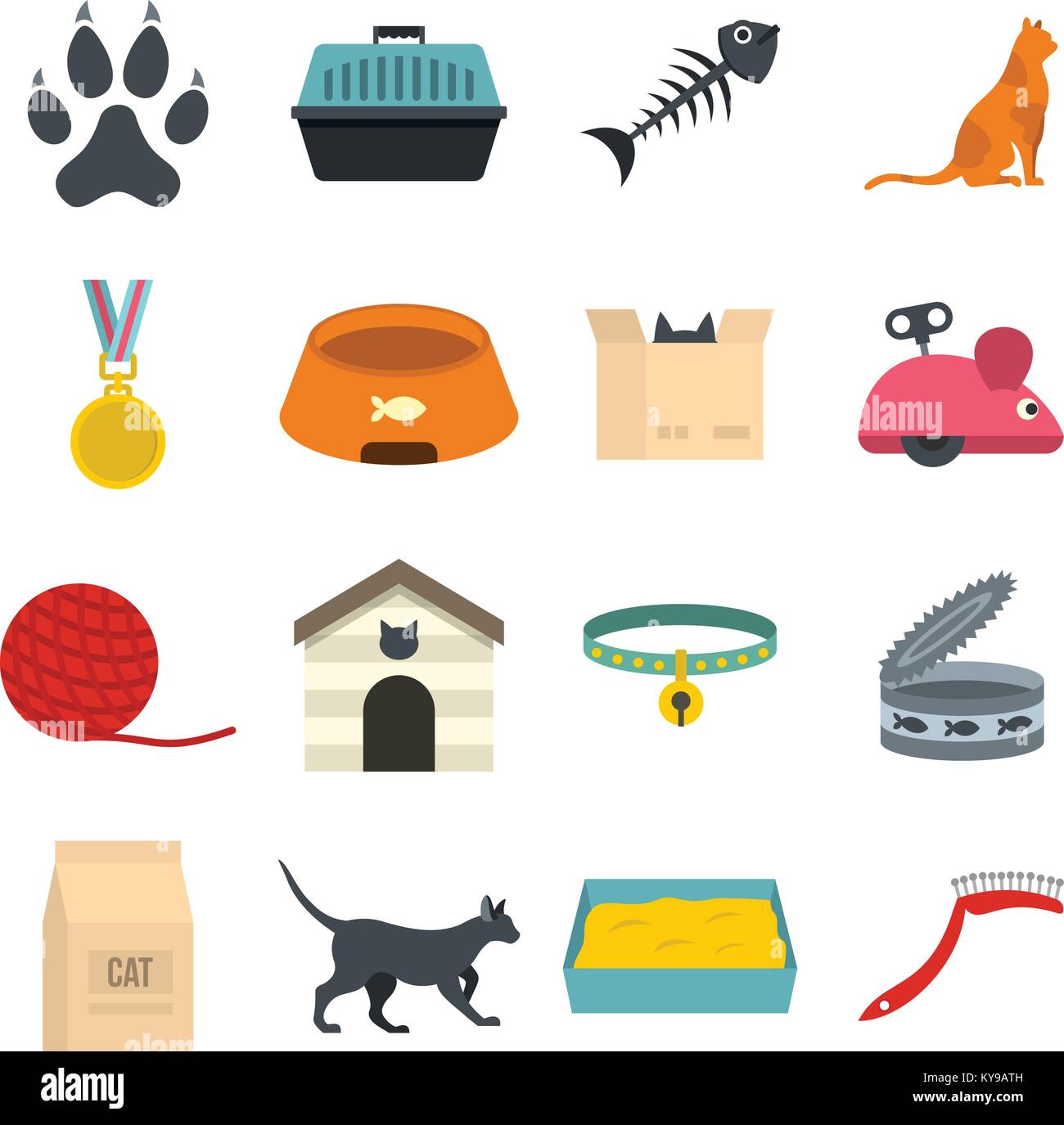 Cat care tools icons set in flat style isolated vector illustration ...