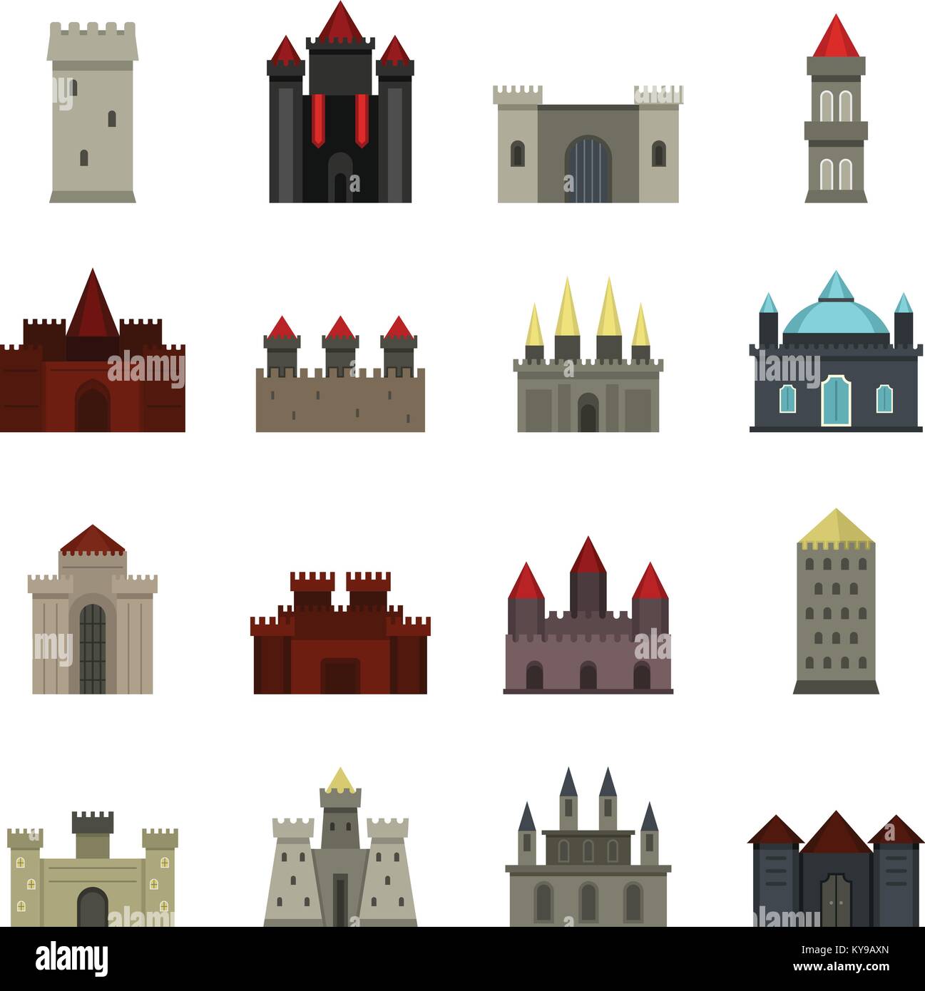 Towers and castles icons set in flat style isolated vector illustration ...