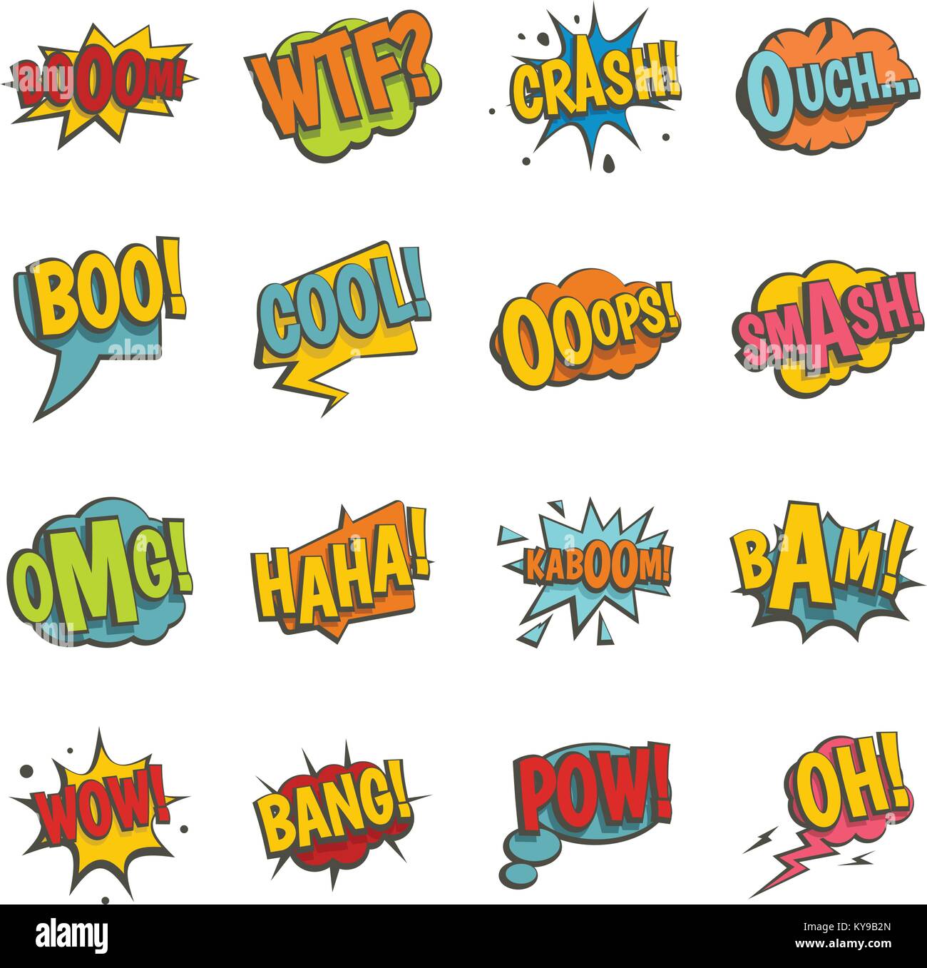 Comic colored sound icons set in flat style isolated vector ...