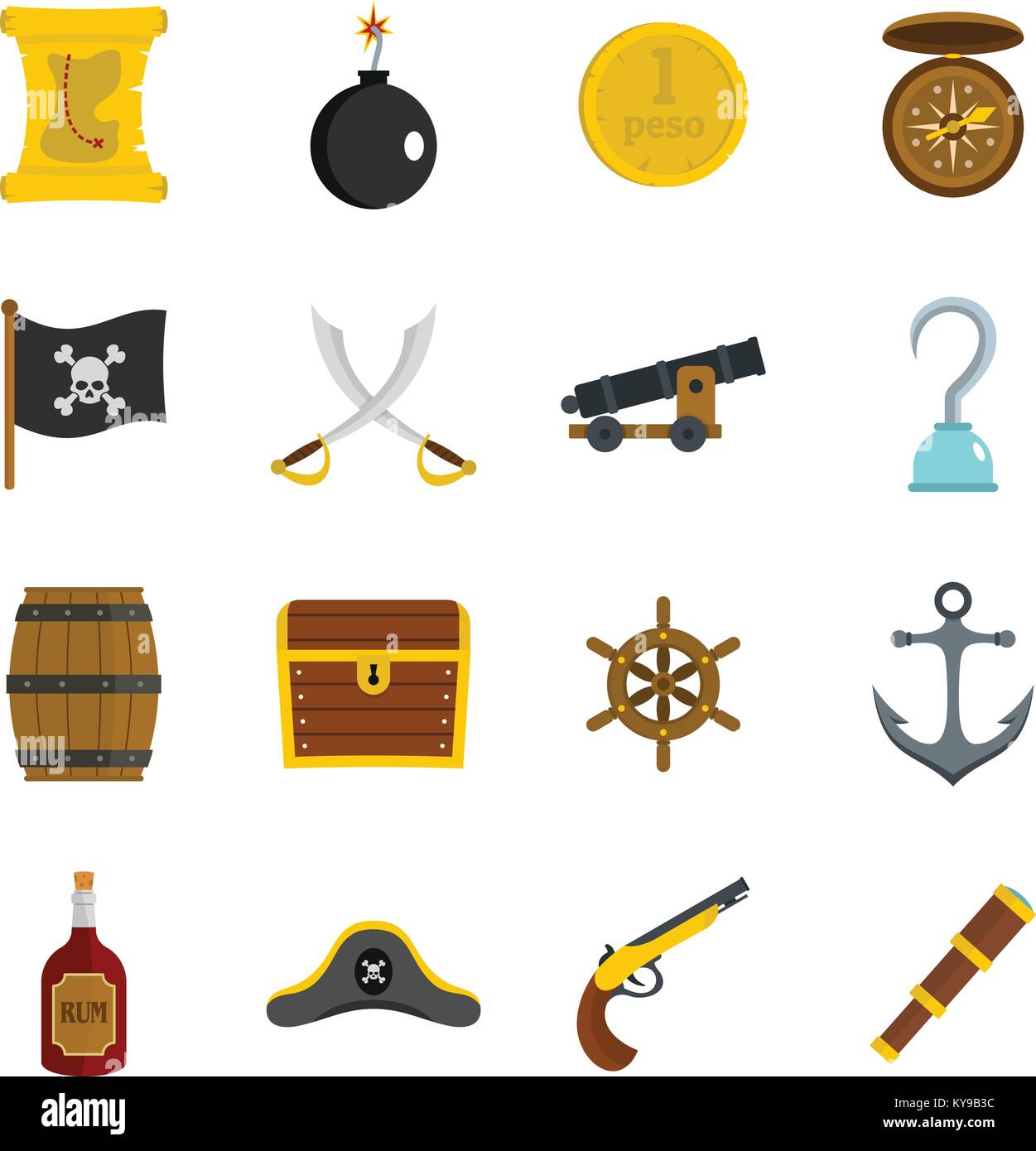 Pirate icons set in flat style isolated vector illustration Stock ...
