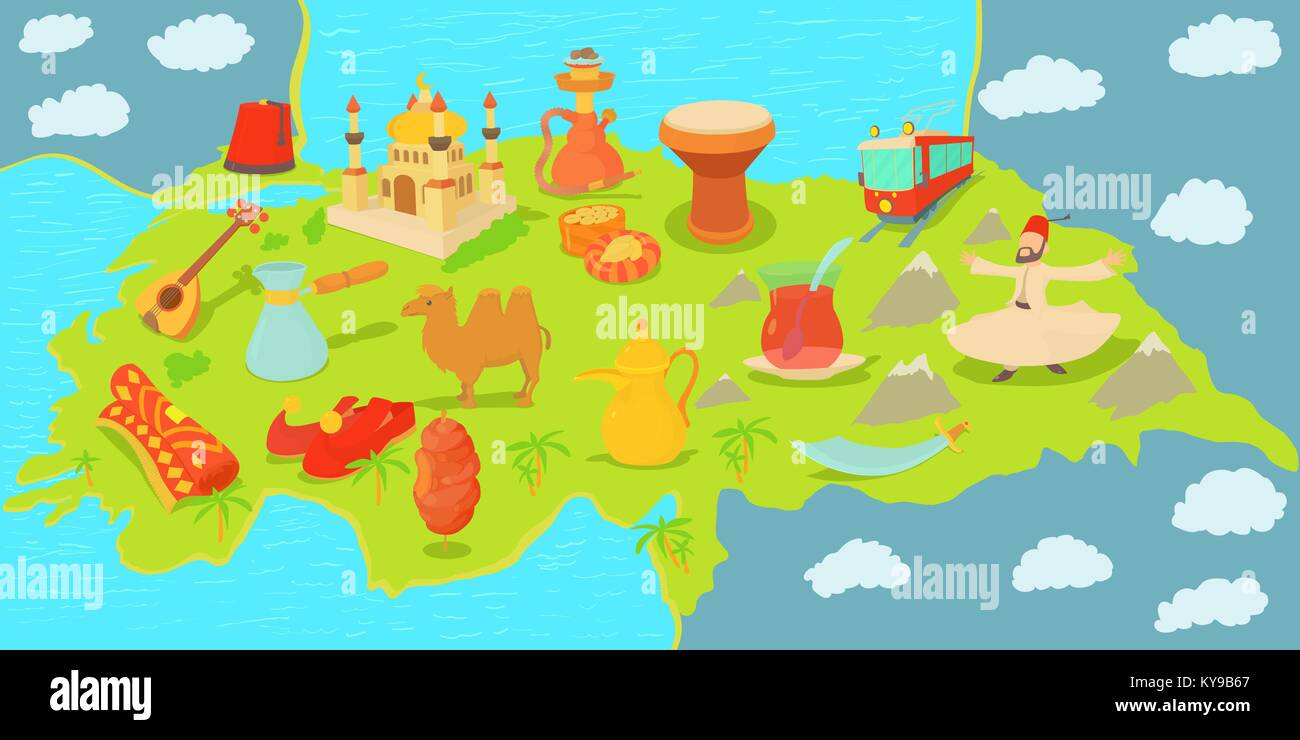 Turkey travel map horizontal banner concept. Cartoon illustration of ...