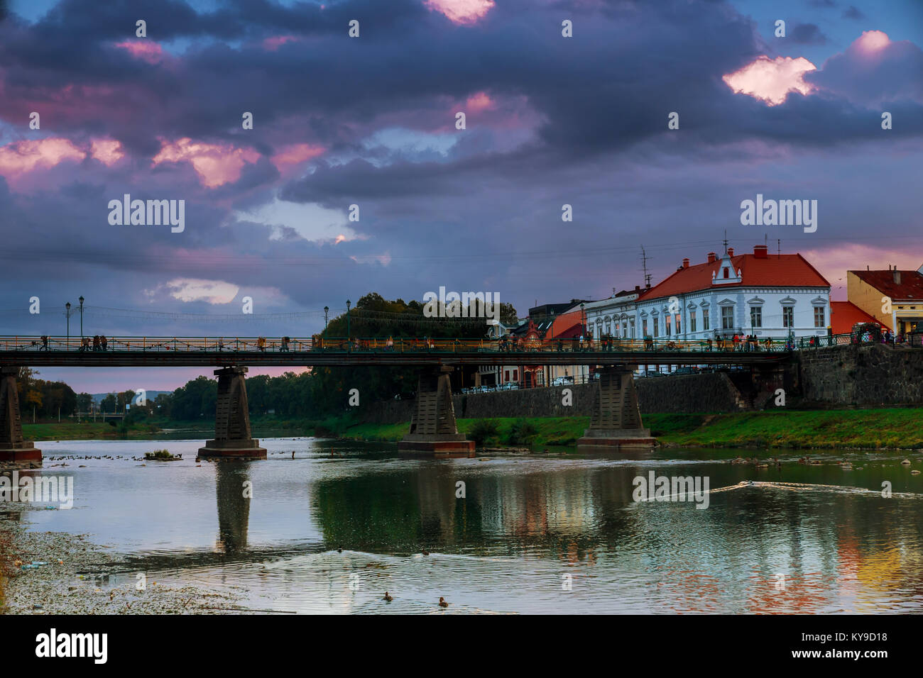 Pedestrian bridge across the river in the center of Uzhgorod in the ...