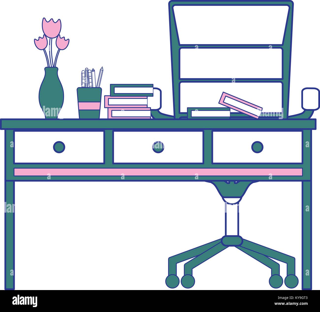 full color office wood desk with books and chairs Stock Vector Image ...