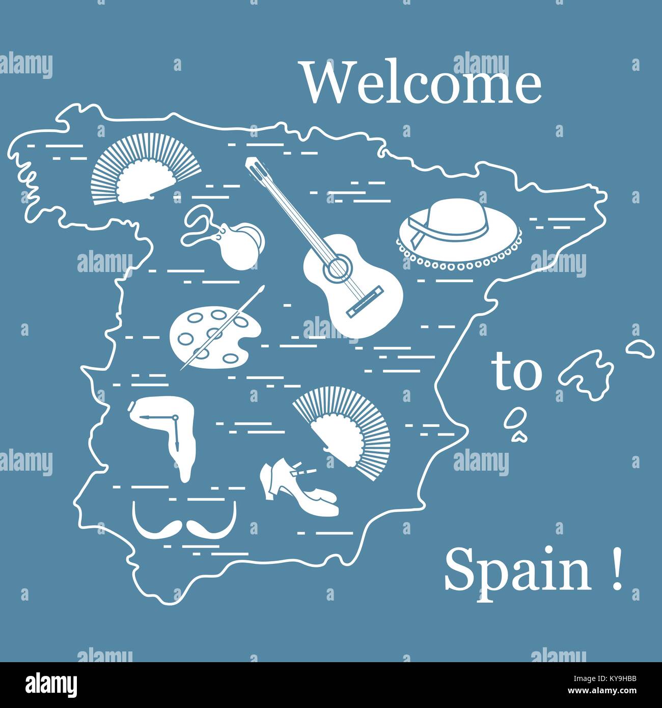 Vector illustration with various symbols of Spain arranged in a circle ...