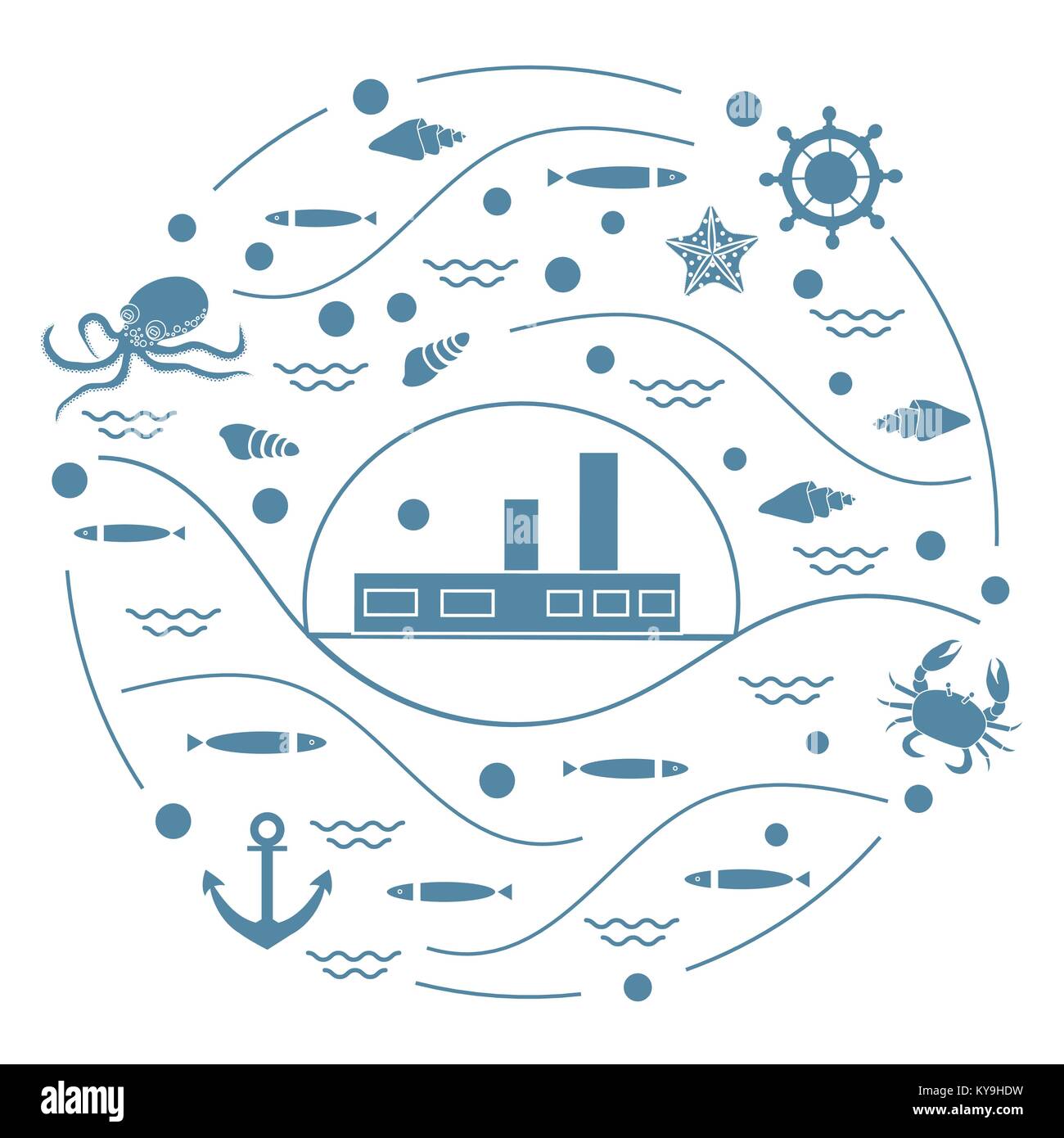 Cute vector illustration with ship, octopus, fish, anchor, helm, waves ...