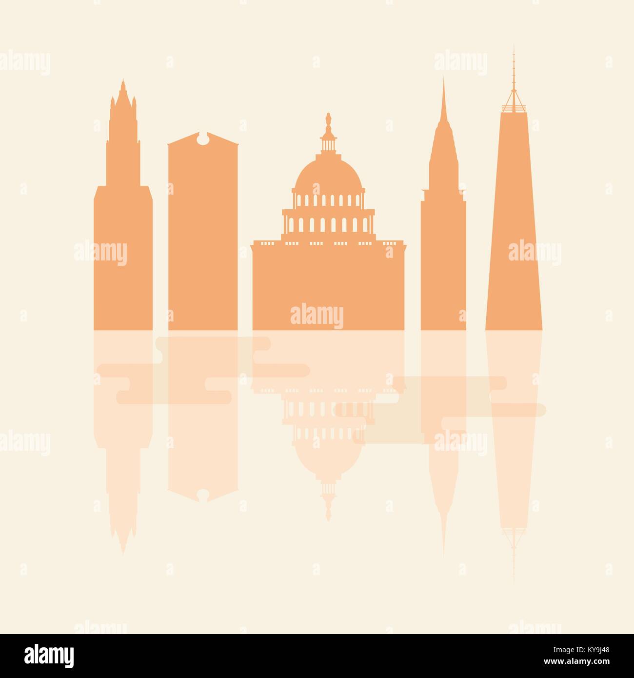 Silhouettes of famous buildings and modern buildings in the USA. Tall ...