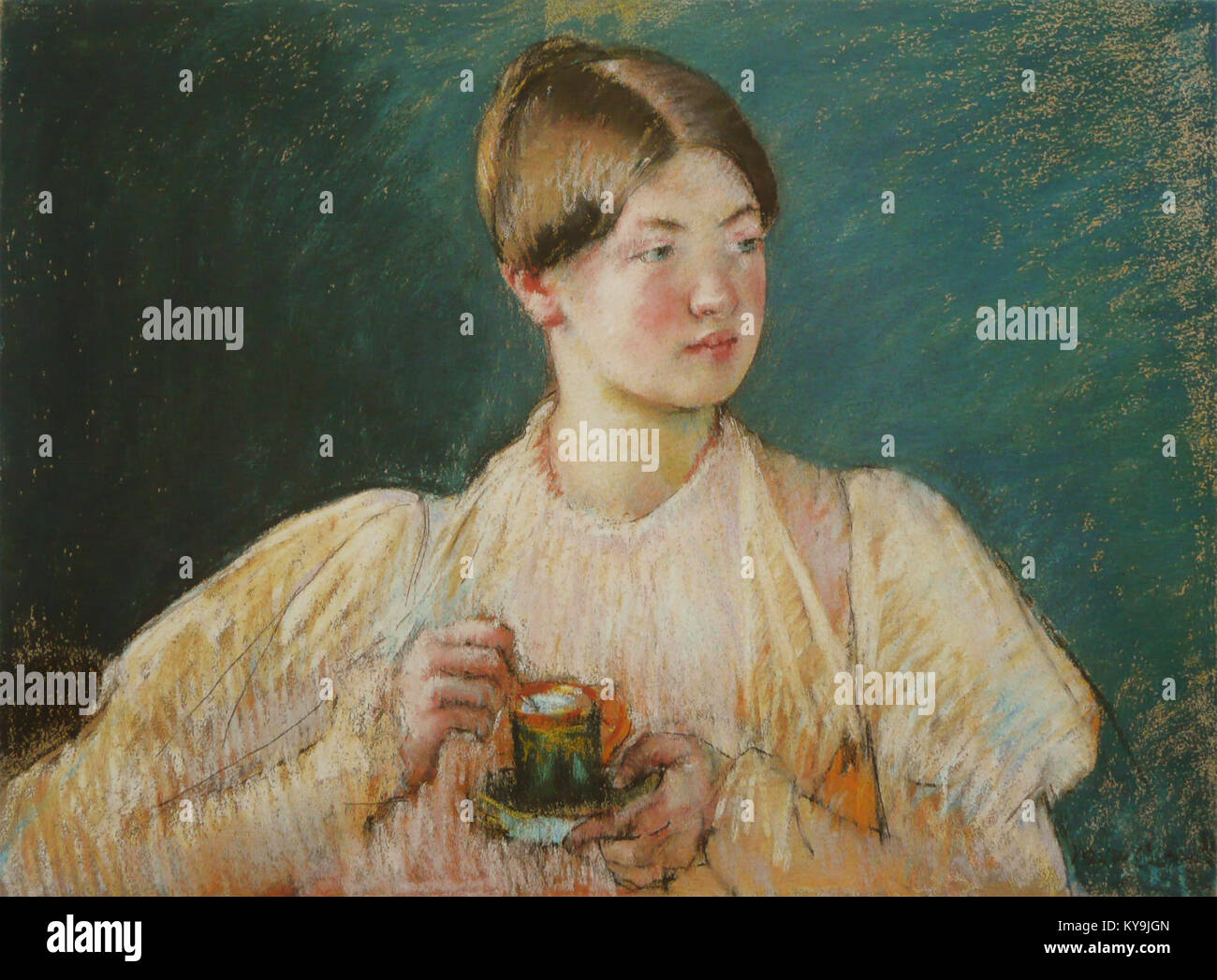 This painting, 'La Tasse de thé' by Mary Cassatt, depicts a woman ...