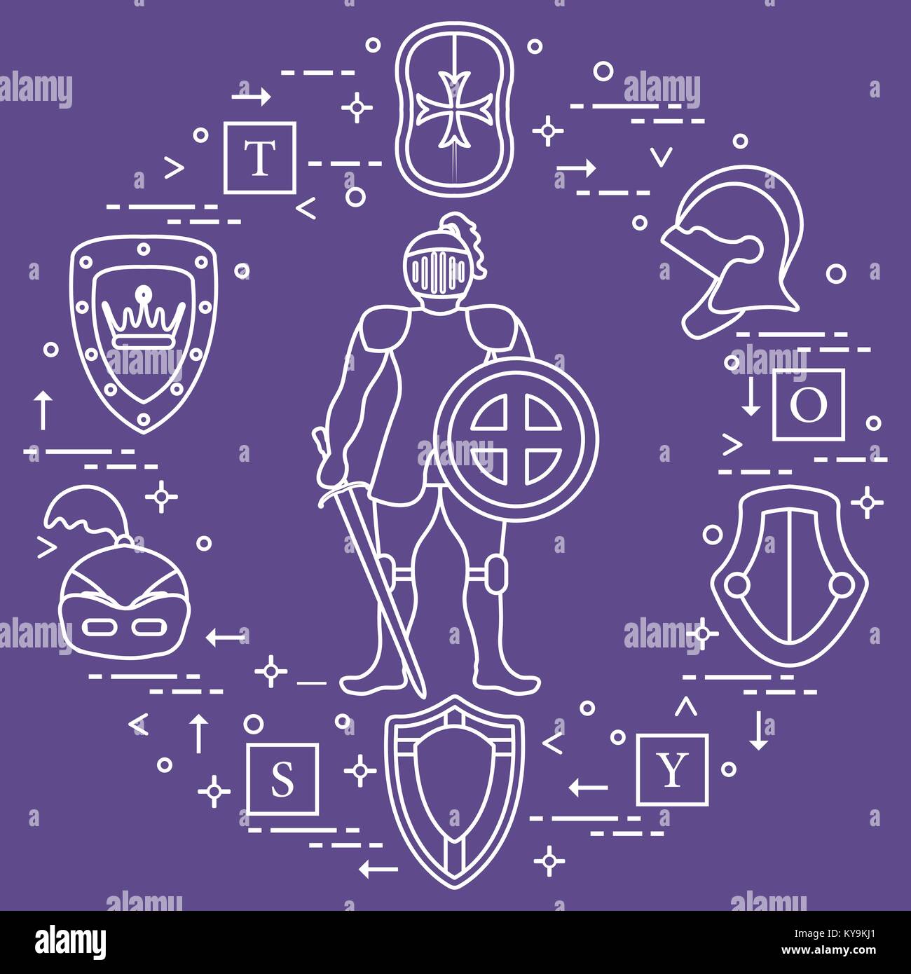 Knight, shields, swords, helmets, cubes. Design element for postcard ...