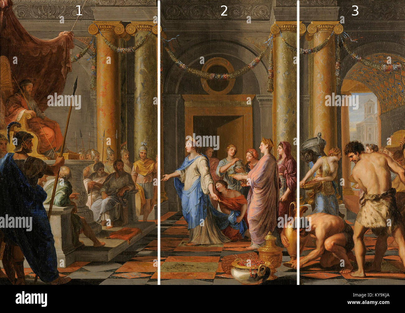 This artwork depicts the biblical scene of King Solomon receiving the ...