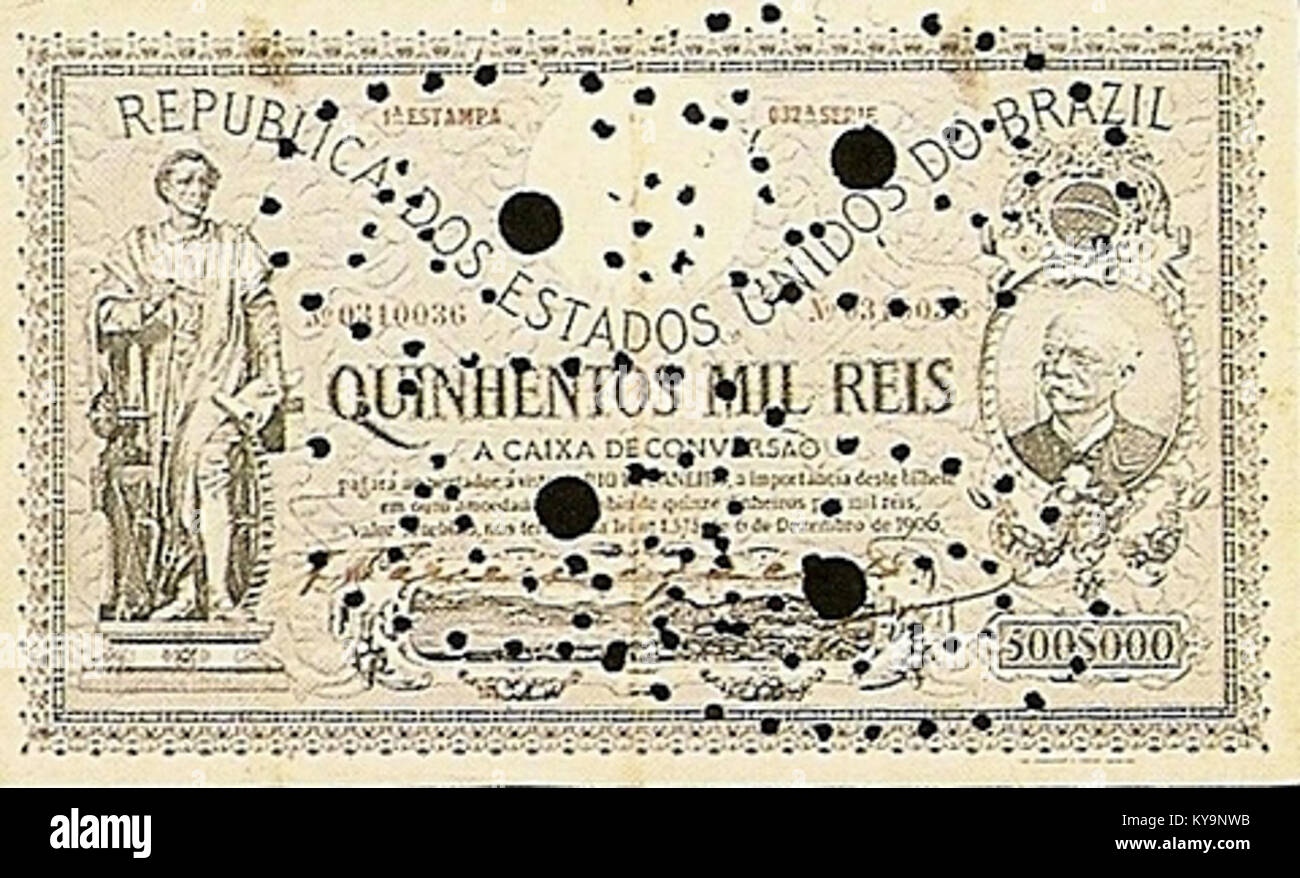 A 500,000 reis banknote, a historical piece of currency from Brazil ...