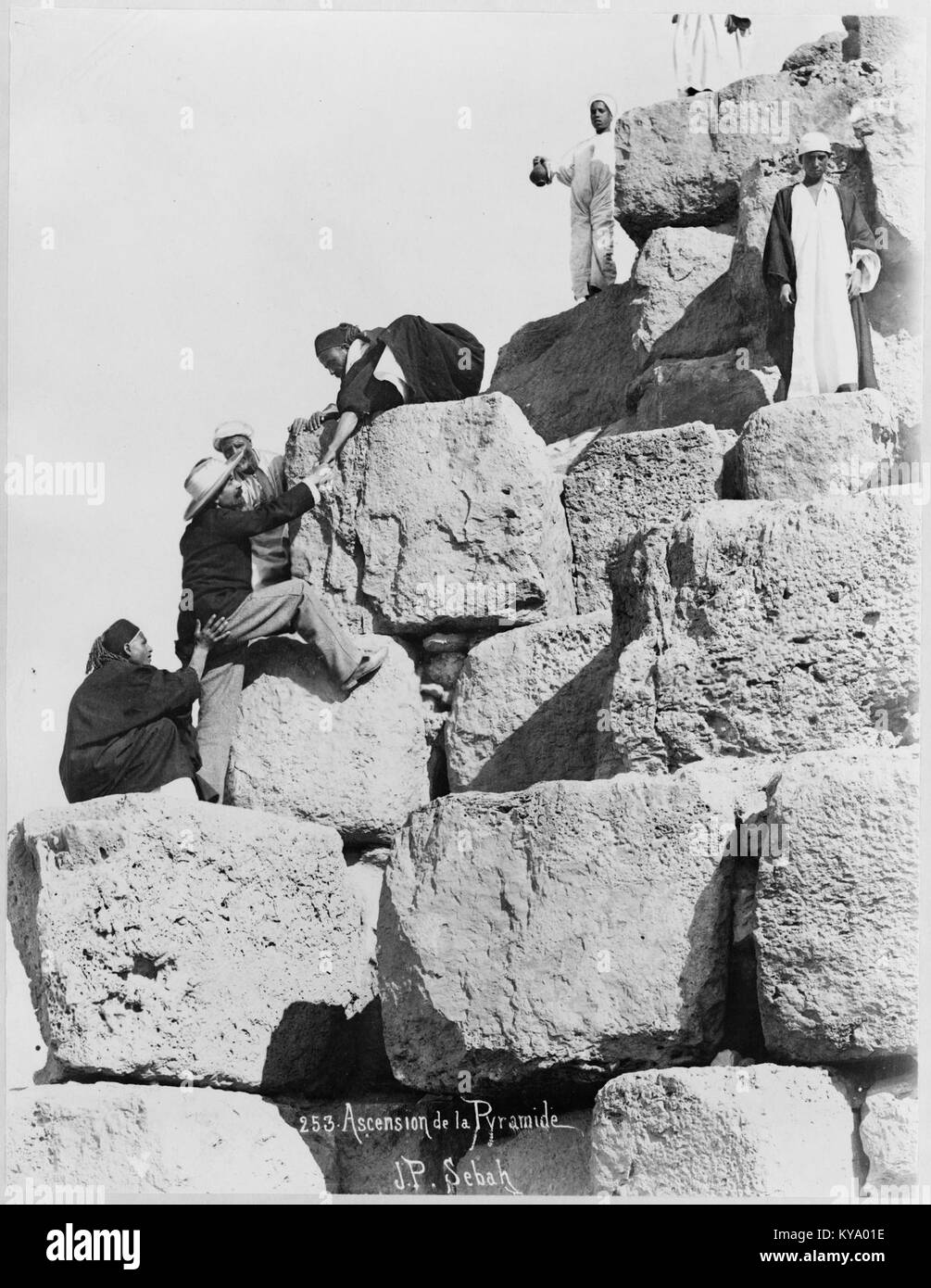 A photograph by Pascal Sébah showing the ascent of a pyramid in Egypt ...