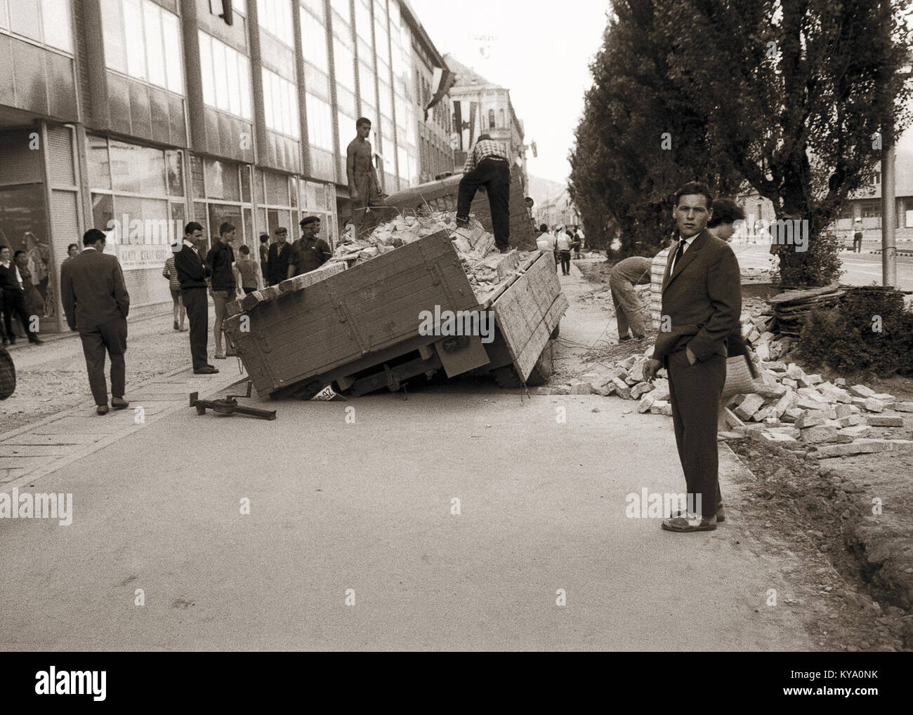Taken in 1964, this photograph captures a transportation accident in Maribor, Slovenia, showing ...