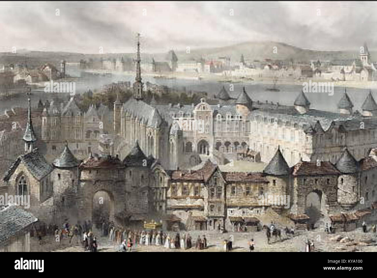 A historical depiction of the Palais de Justice and Sainte Chapelle in ...