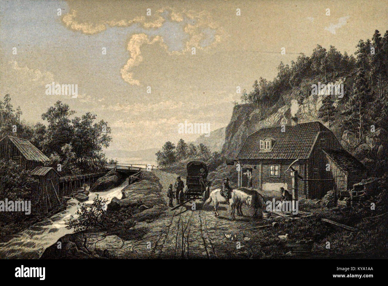 A painting by Johan Edvard Bergh, depicting a scene at a guesthouse in ...