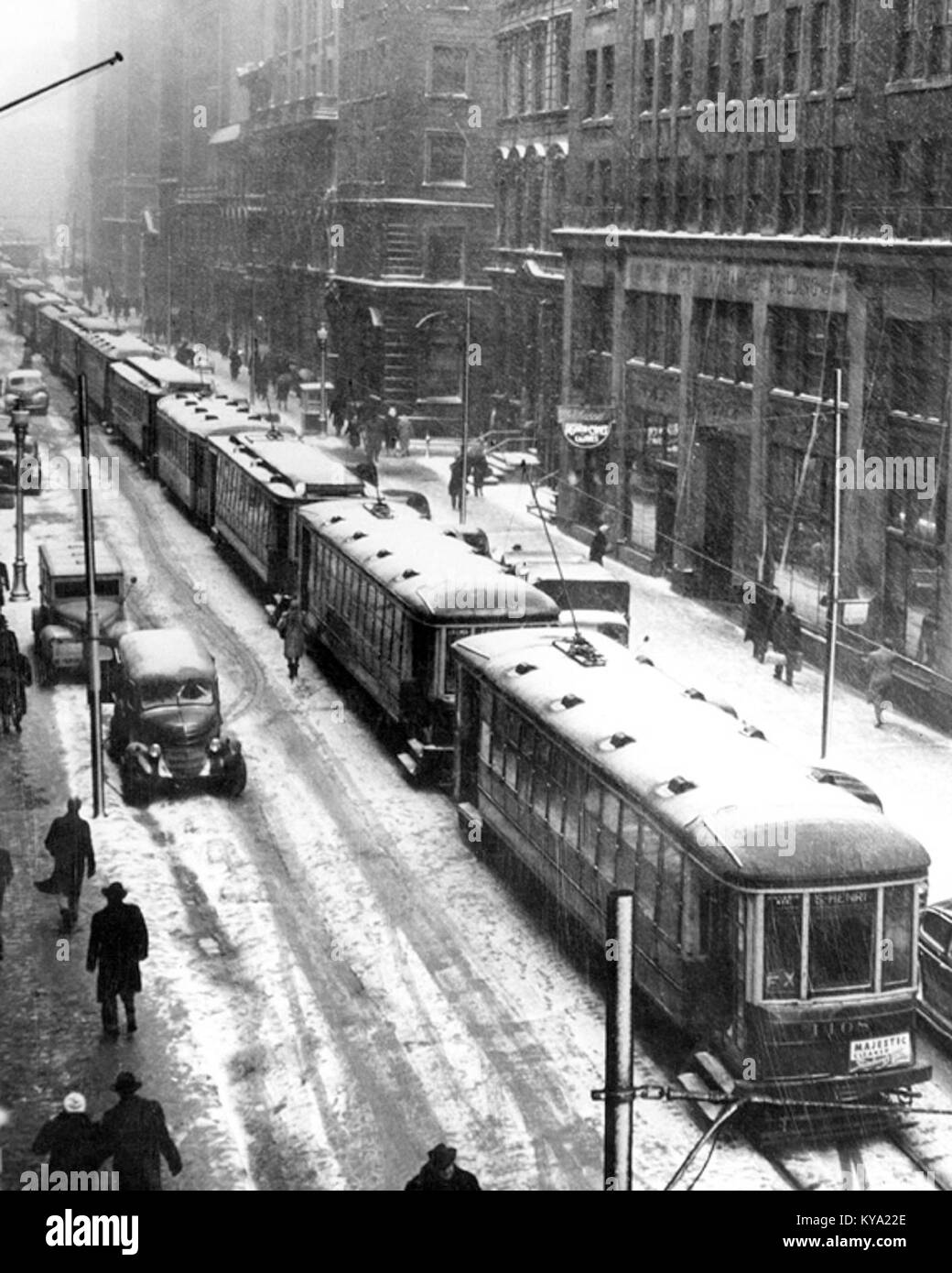 A photograph showing the tramways on Saint-Antoine Street in Montreal ...