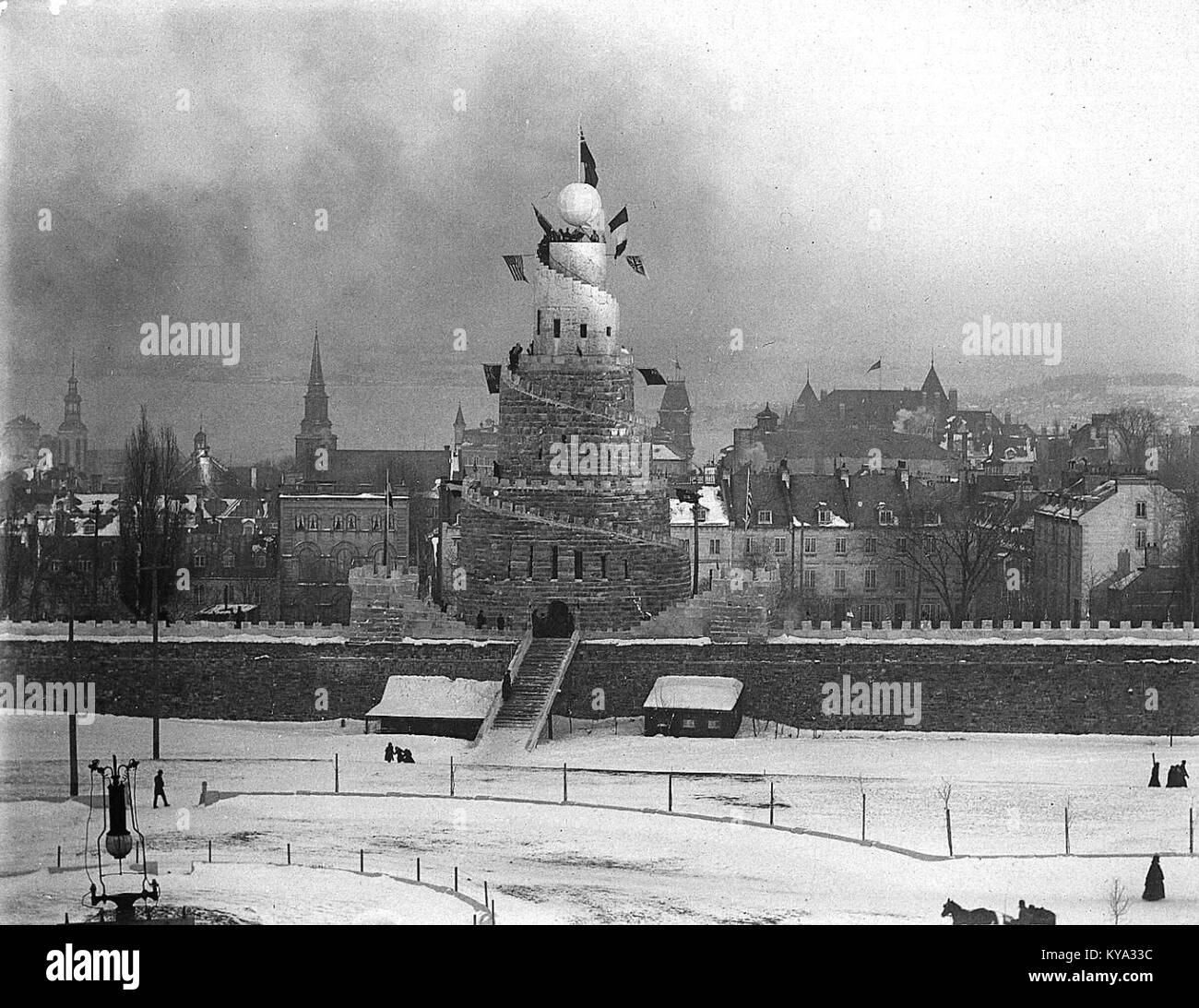 A photograph of the ice palace at the 1895 Quebec Carnival, showing ...